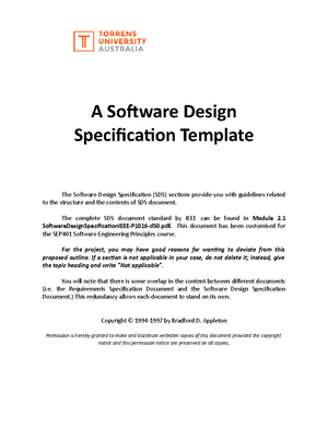 SEP401 A2 Software Design Specification Template - Software Engineering ...