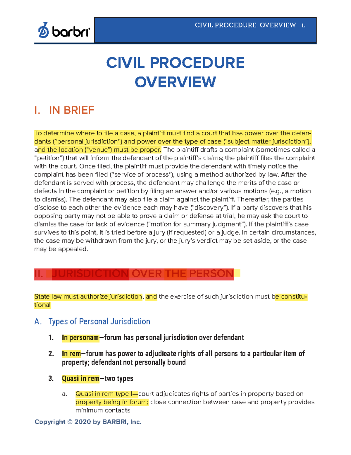 Civil Pro Overview 1 - CIVIL PROCEDURE OVERVIEW 1. CIVIL PROCEDURE ...