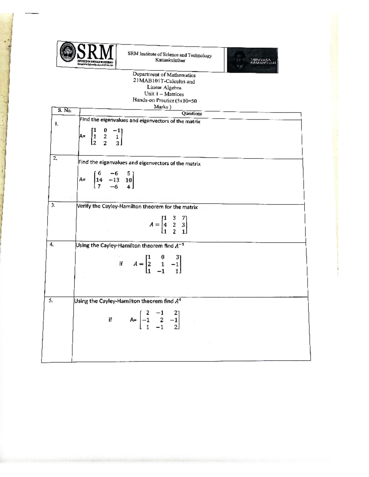 Math assignment - Math assigment - SRM SRM Institute of Science and Technology Kattankulathur ...