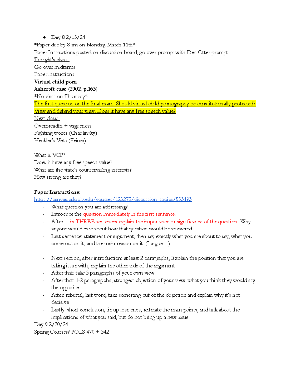 2nd half of POLS344 - Class notes - Day 8 2/15/ Paper due by 8 am on ...
