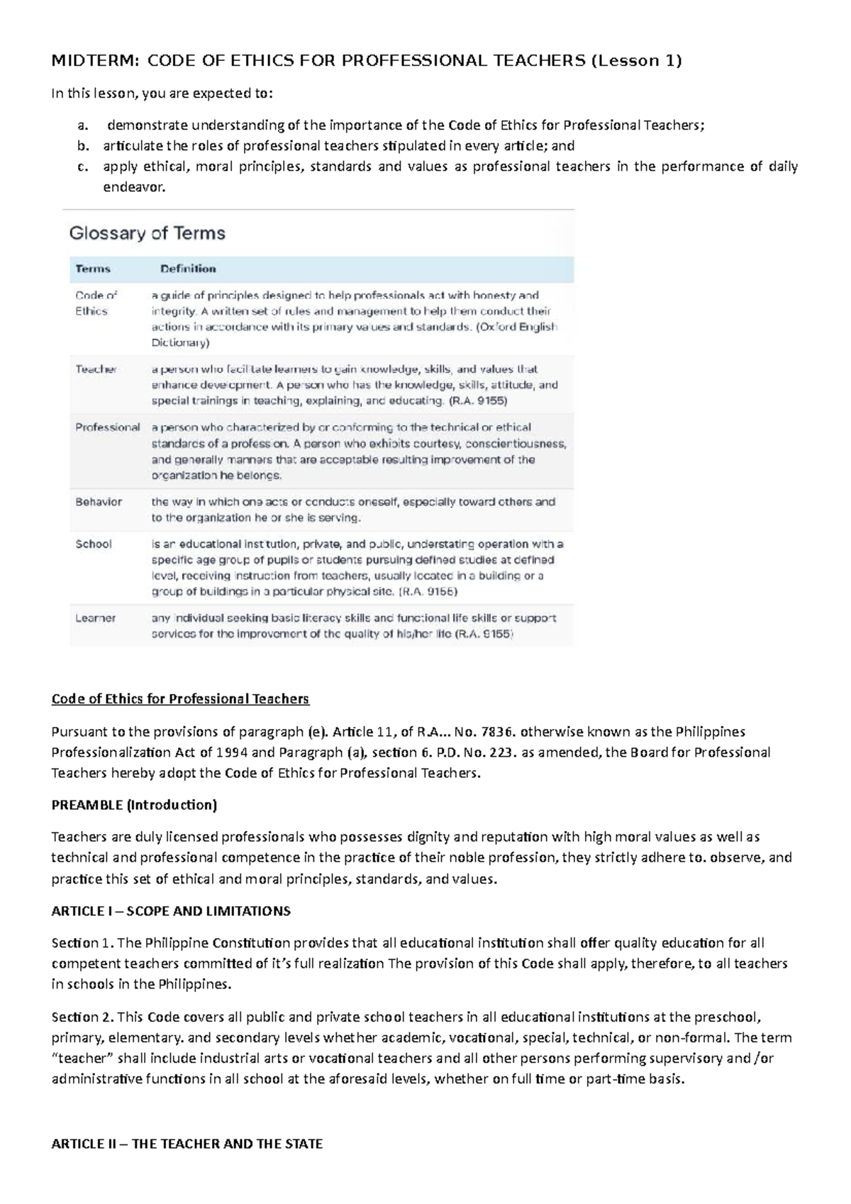 Midterm-EDUC102 - Code of Ethics for Professional Teachers Pursuant to the provisions of ...