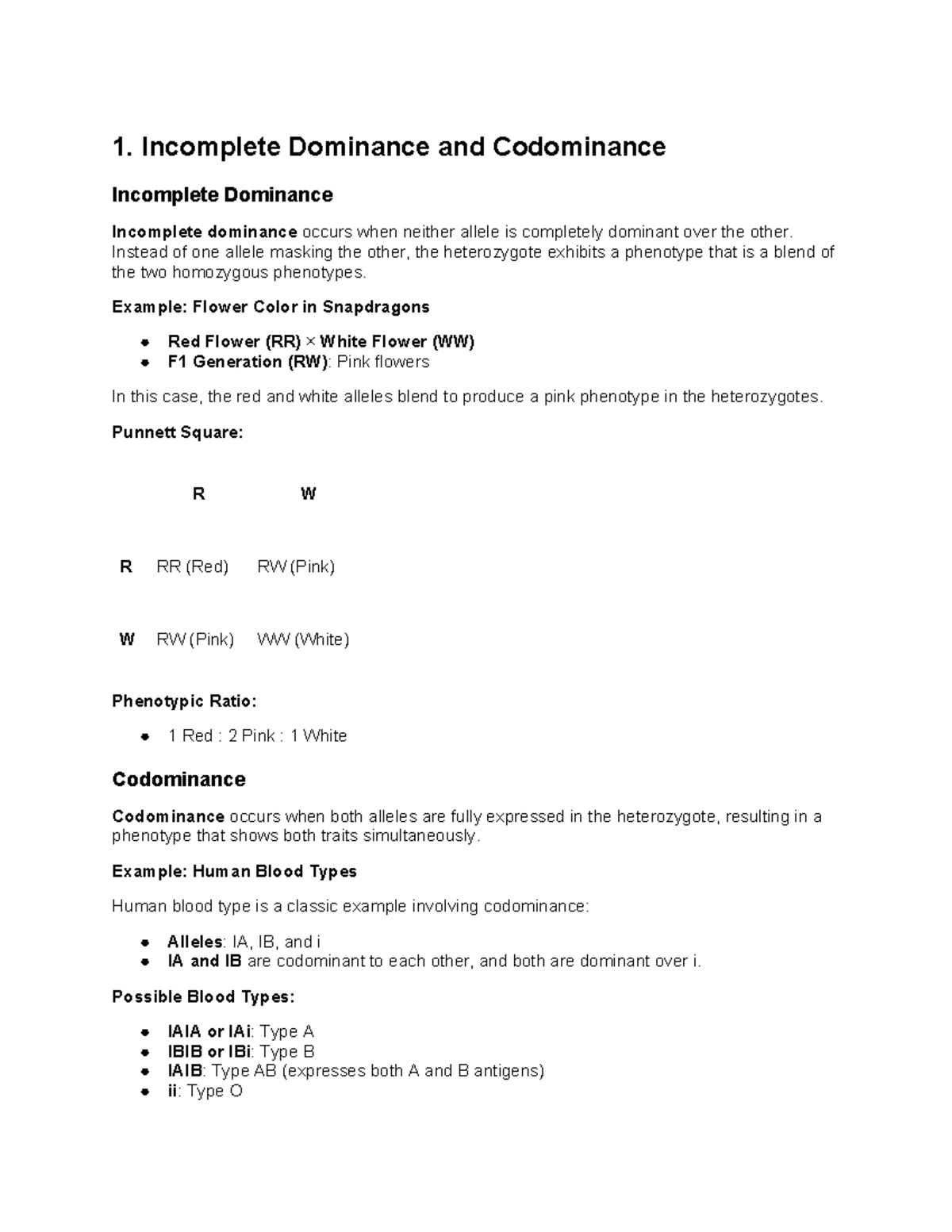 Genetics notes - bio - 1. Incomplete Dominance and Codominance ...