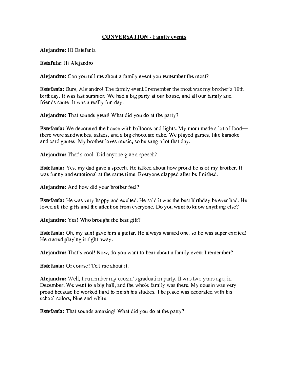 Conversation Family events two persons - CONVERSATION - Family events ...