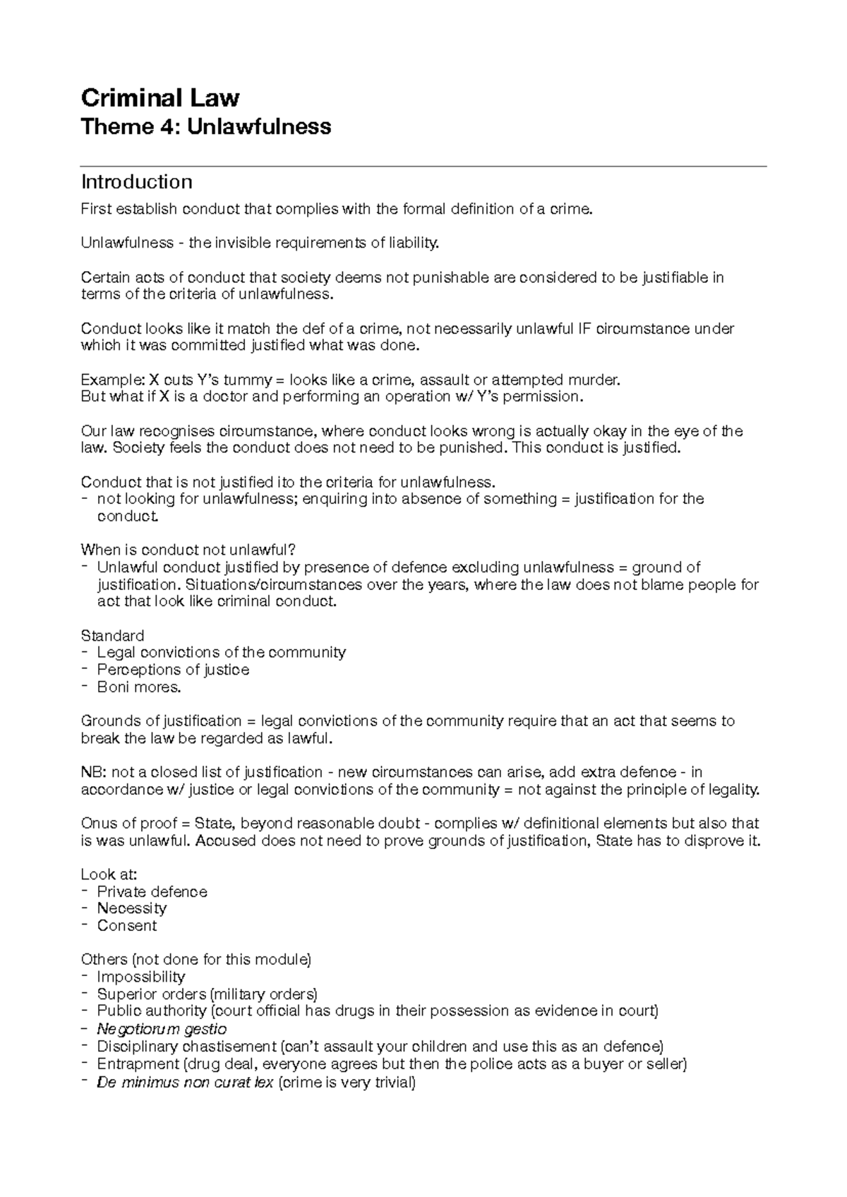 Criminal Law T4 Unlawfulness - Criminal Law Theme 4: Unlawfulness ...