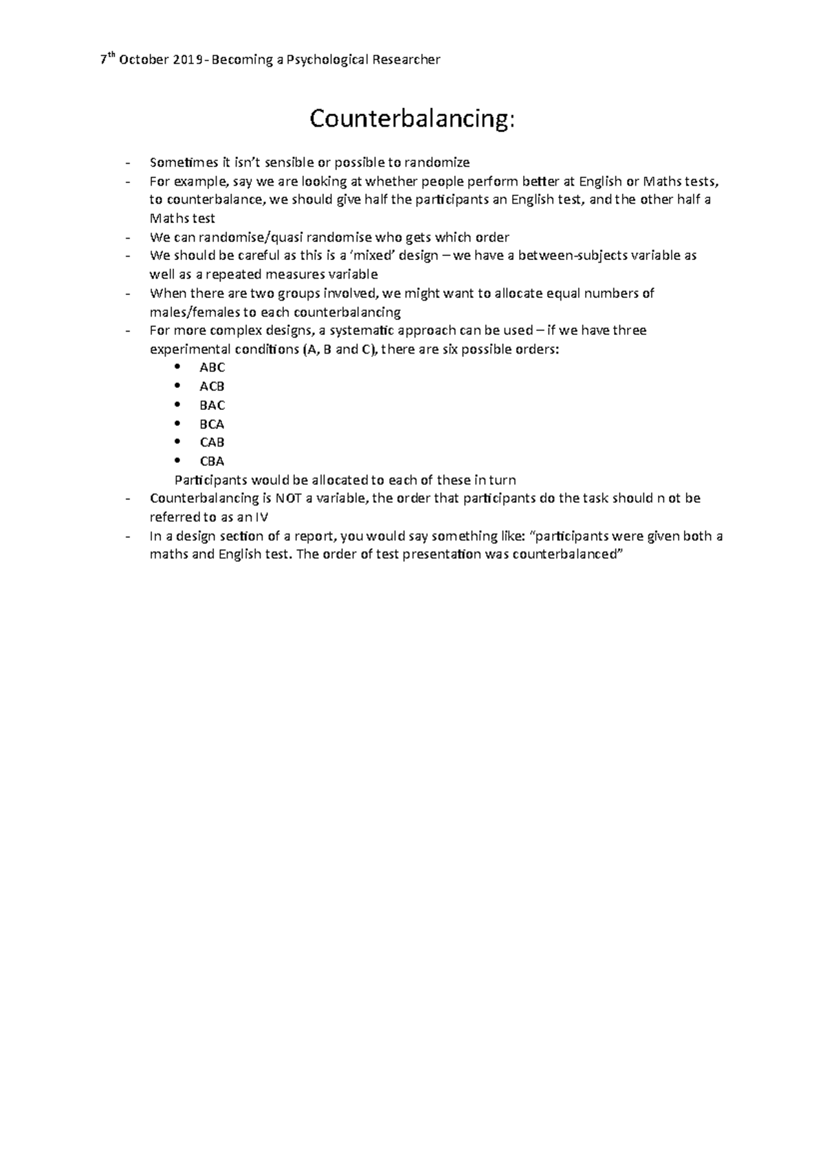 Counterbalancing - 7 th October 2019- Becoming a Psychological ...