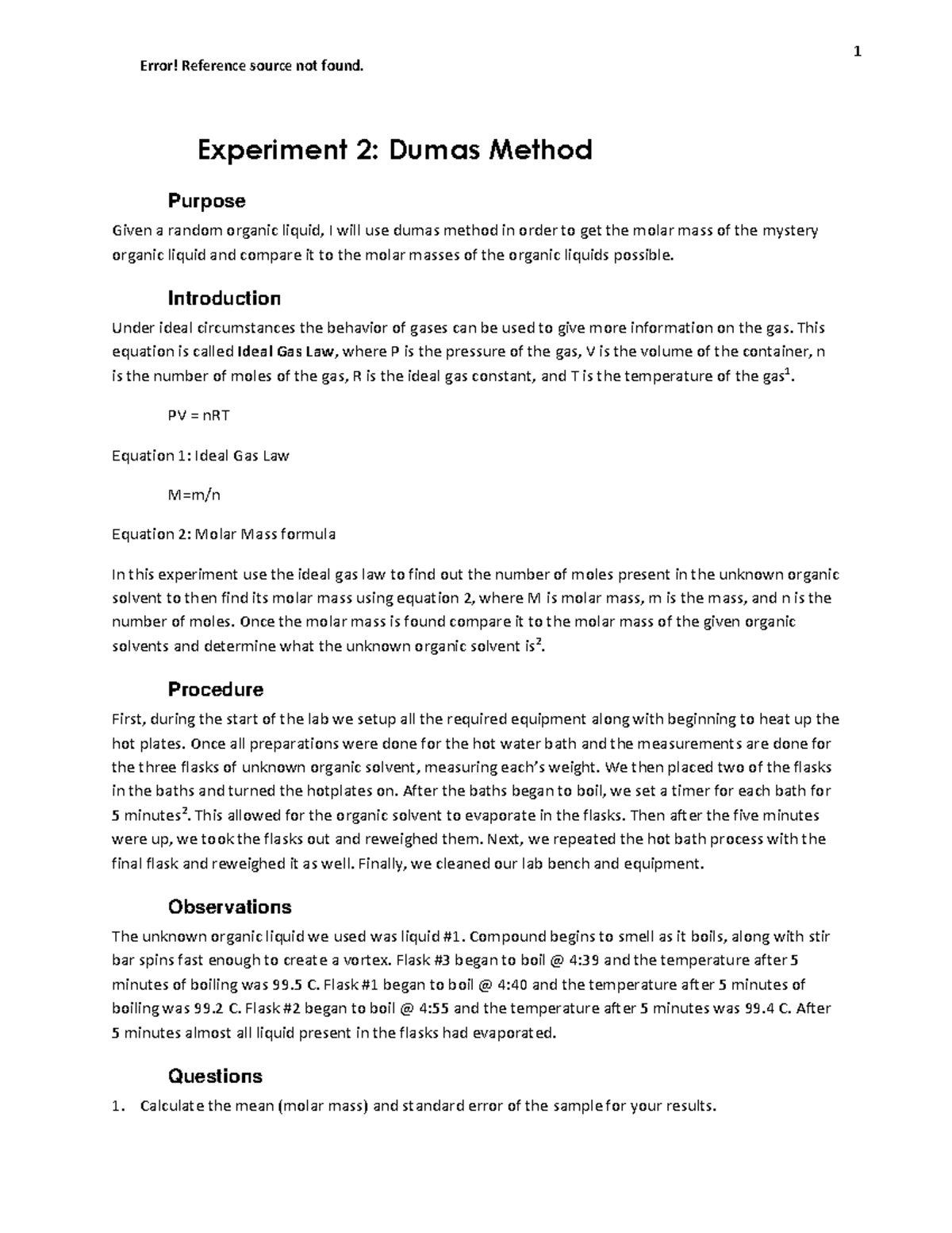 The Dumas Method Lab - Chem 112 - queensu - Studocu
