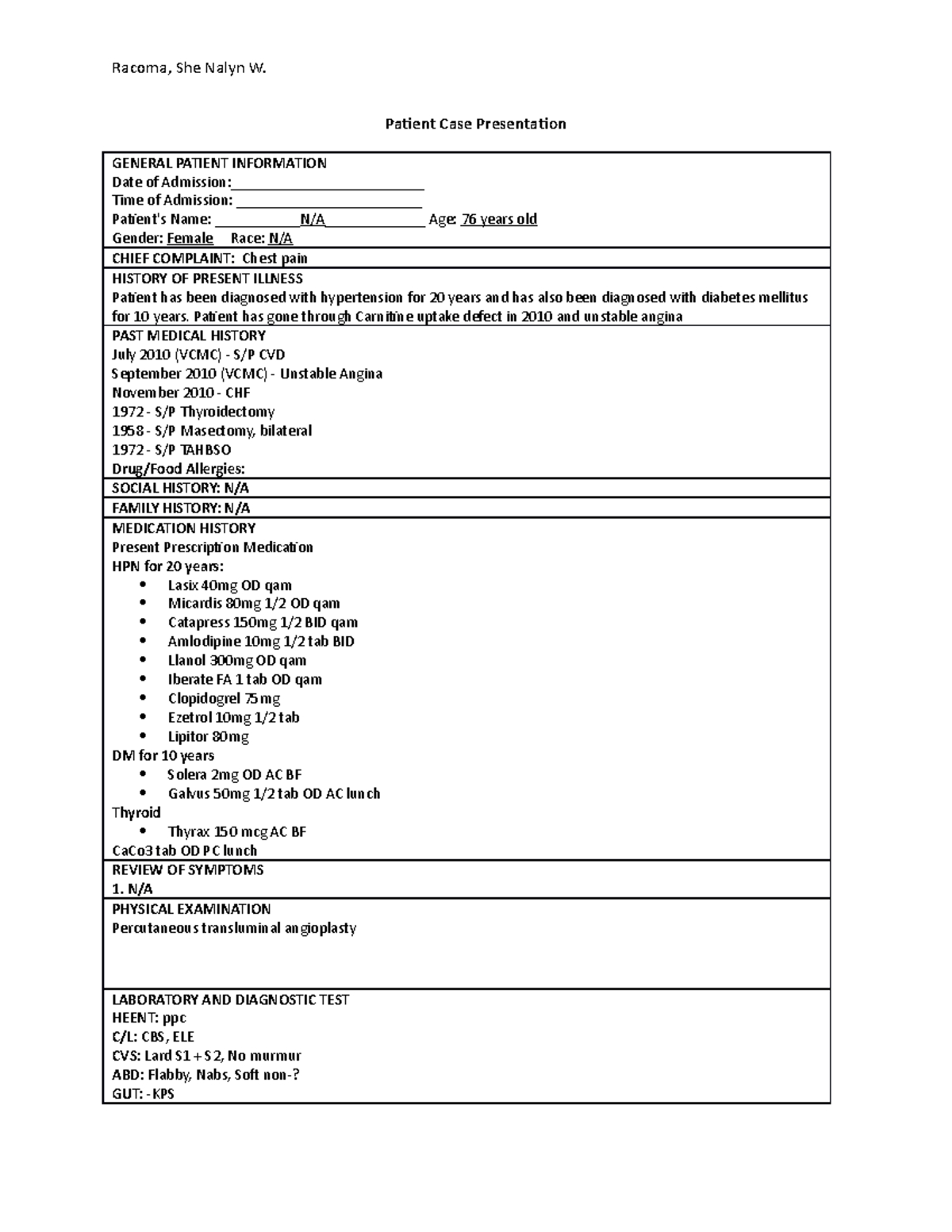 Patient Case Presentation - Racoma, She Nalyn W. Patient Case ...