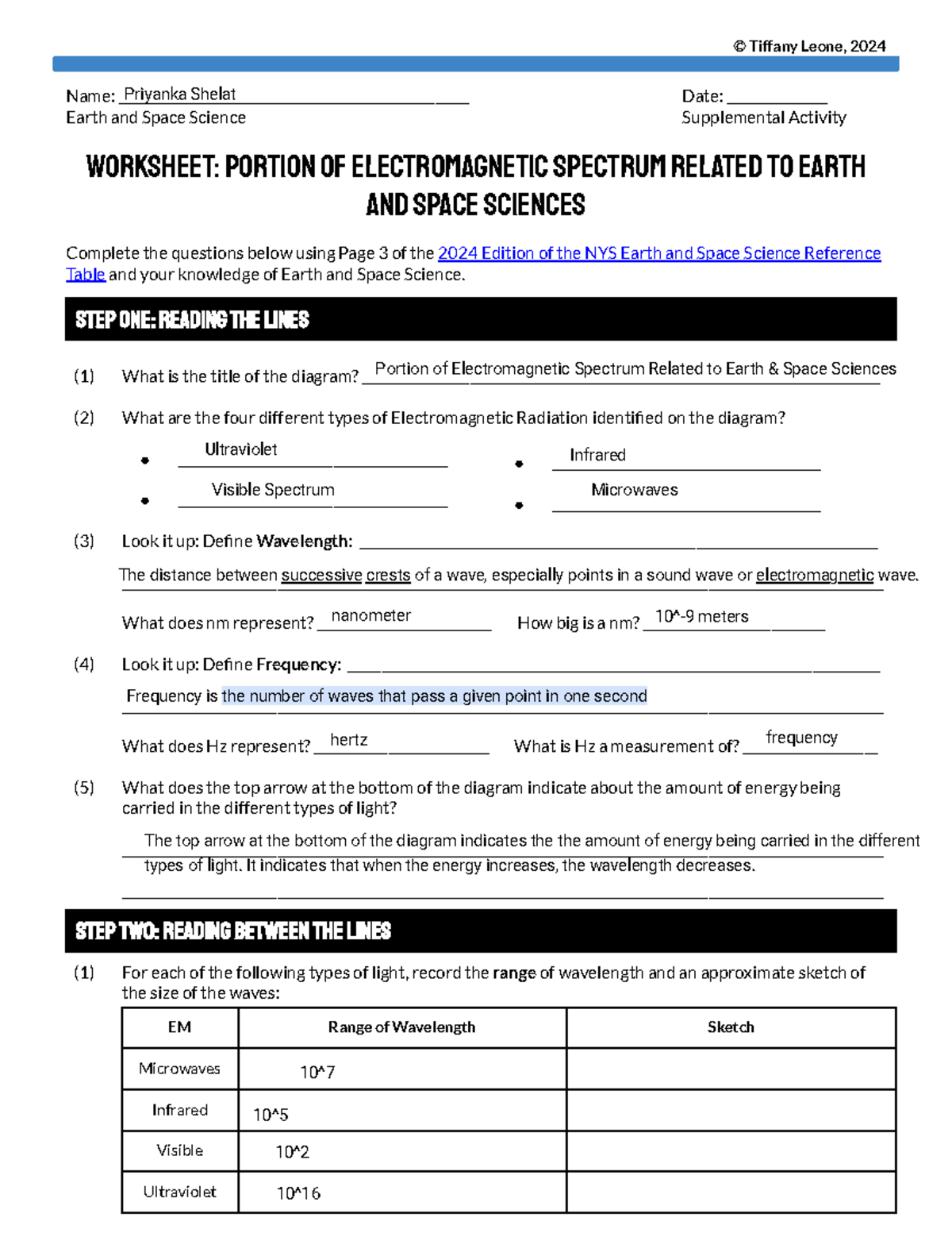 Kami Export - ESRT Worksheet Portion of Electromagnetic Spectrum ...