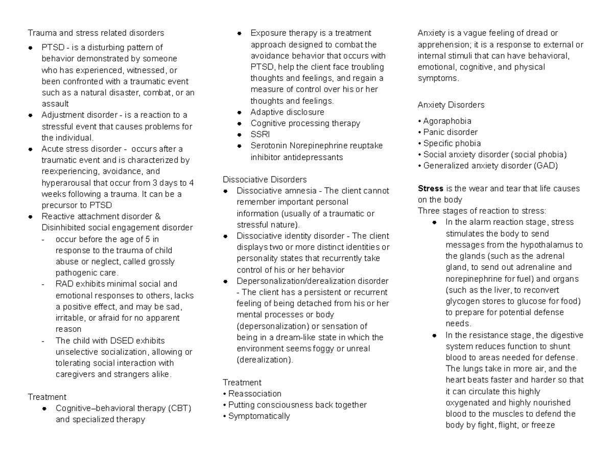 Psych Notes - Trauma and stress related disorders PTSD - is a ...