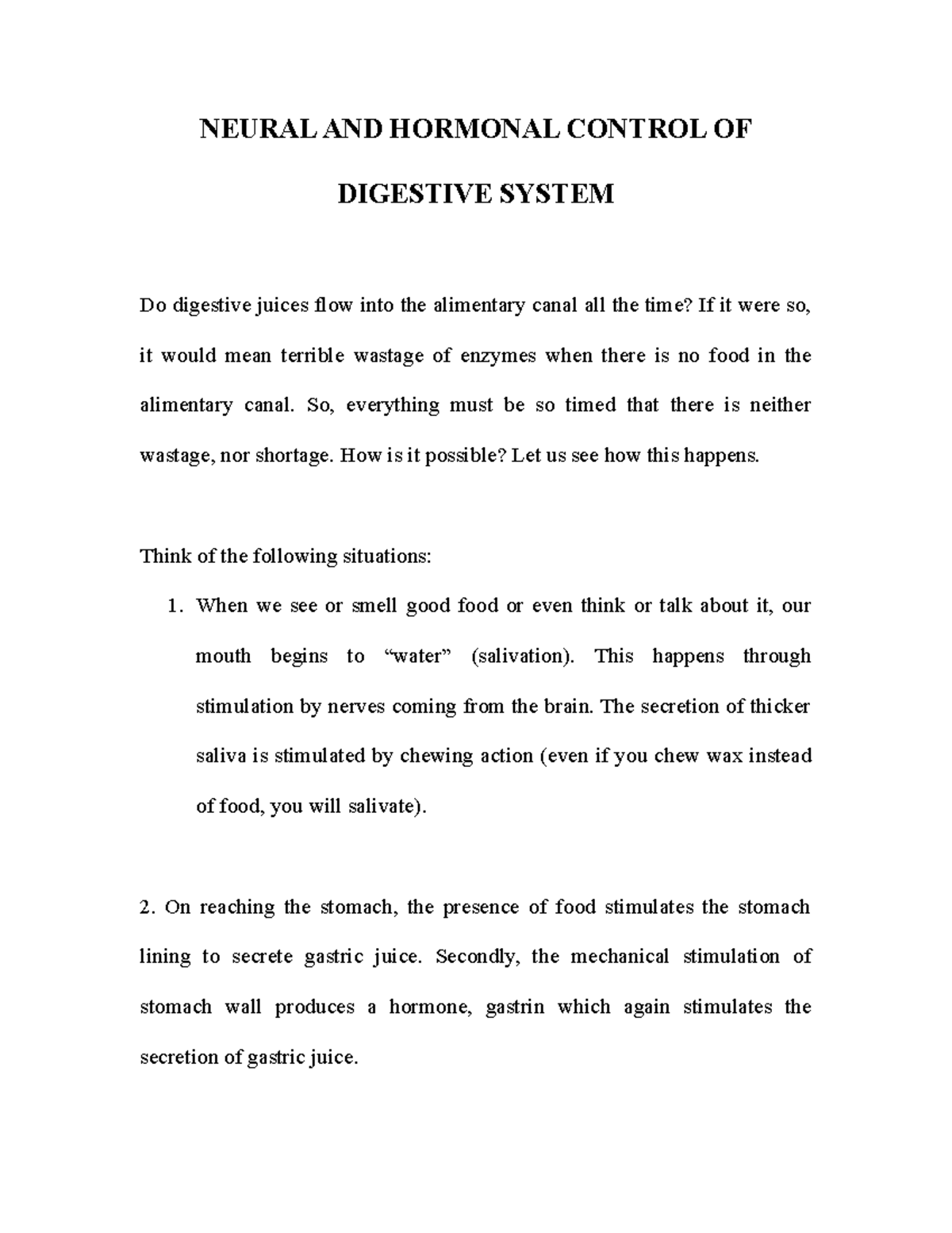 Neural And Hormonal Control Of Digestive System Neural And Hormonal