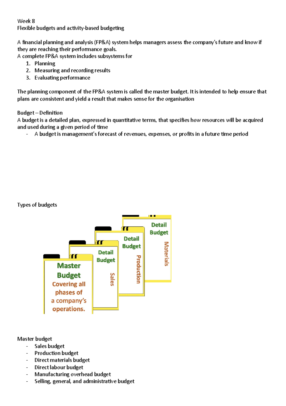 Week 8 Lecture Managerial Accounting Notes Week 8 Flexible Budgets And Activity Based