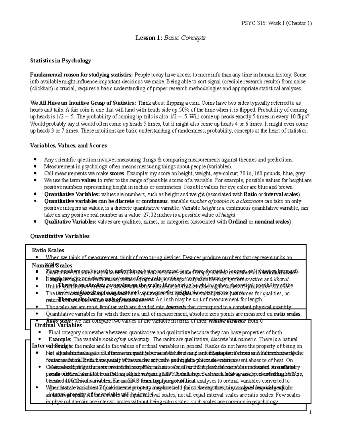 PSYC 315 - Lesson 1 - Complete - Lesson 1: Basic Concepts Statistics in Psychology Fundamental ...
