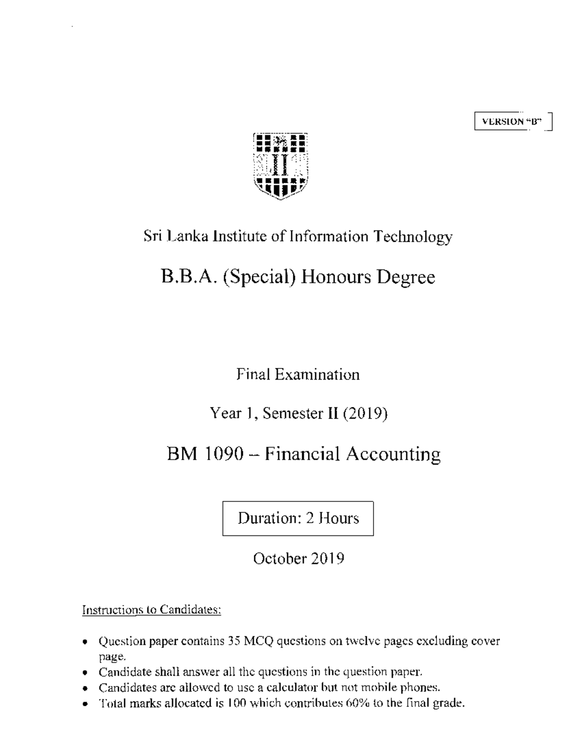 BM 1090 - Financial Accounting - Version B - I VERSION "B" Sri Lanka Institute of - Studocu