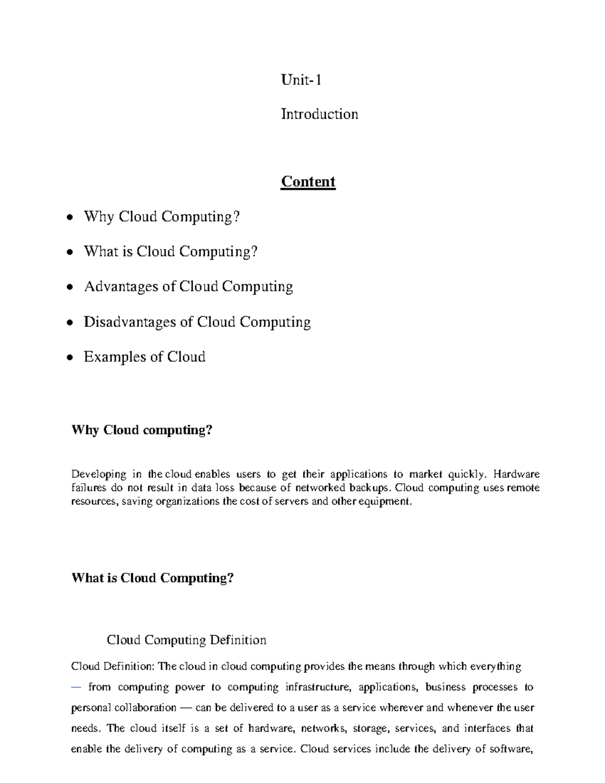 Unit 1 cloud computing - Unit- 1 Introduction Content Why Cloud Computing? What is Cloud ...