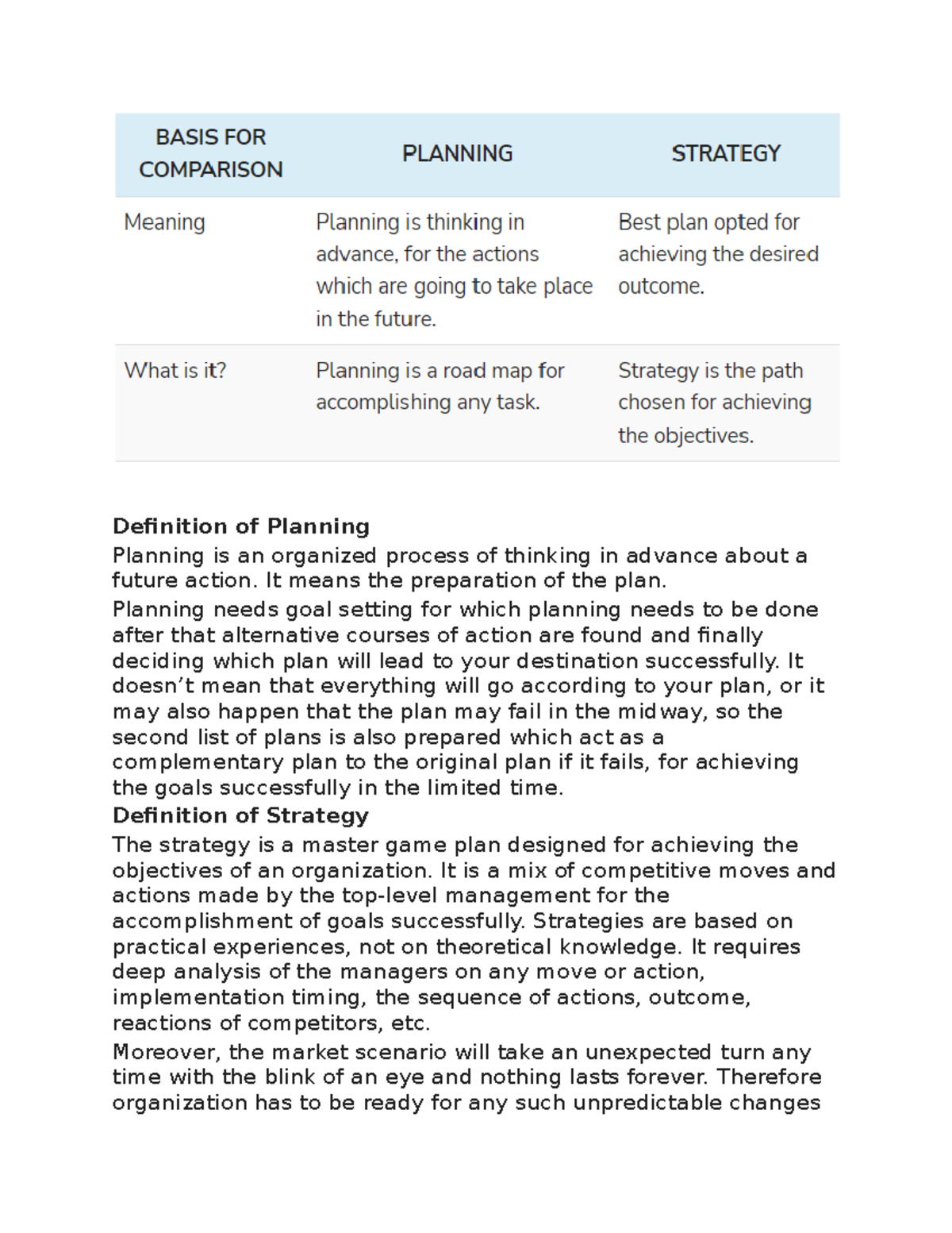 Planning vs strategy mgt400 - Definition of Planning Planning is an ...