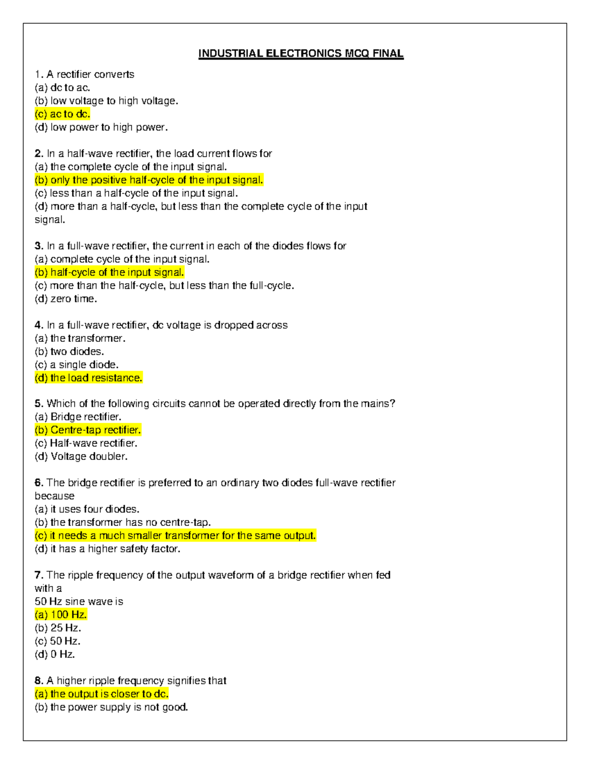 IE MCQ Final - Industrial Electronics for Mechatronics Full MCQ list ...