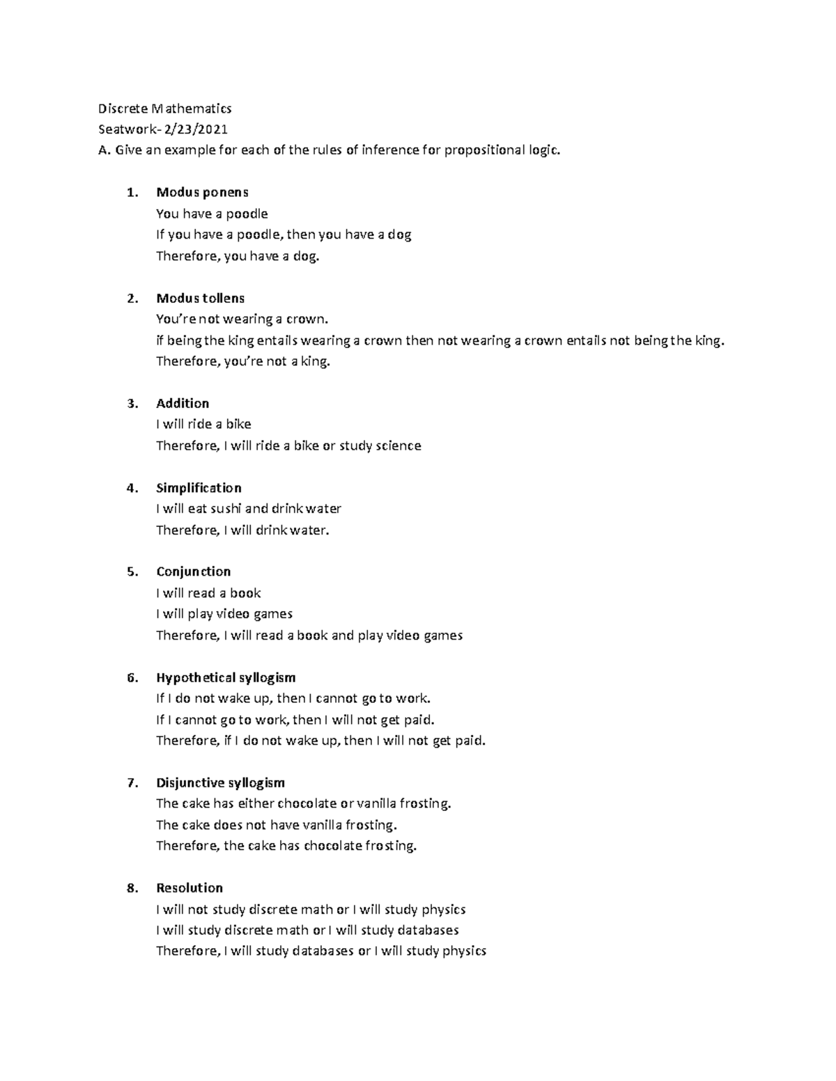 Solloso Lesson 4 Seatwork - Discrete Mathematics Seatwork- 2/23/ A ...