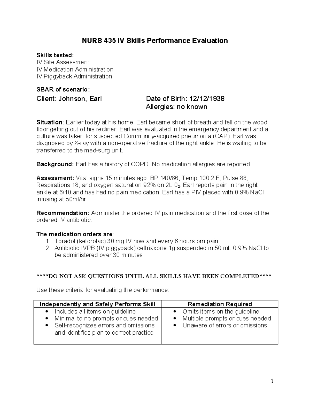 IV Skills Performance Eval - Tagged - NURS 435 IV Skills Performance ...