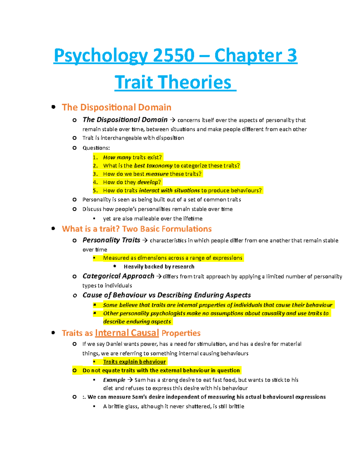 Chapter 3 - Traits and Trait Taxonomies - PSYCH 2550 - UWO - Studocu