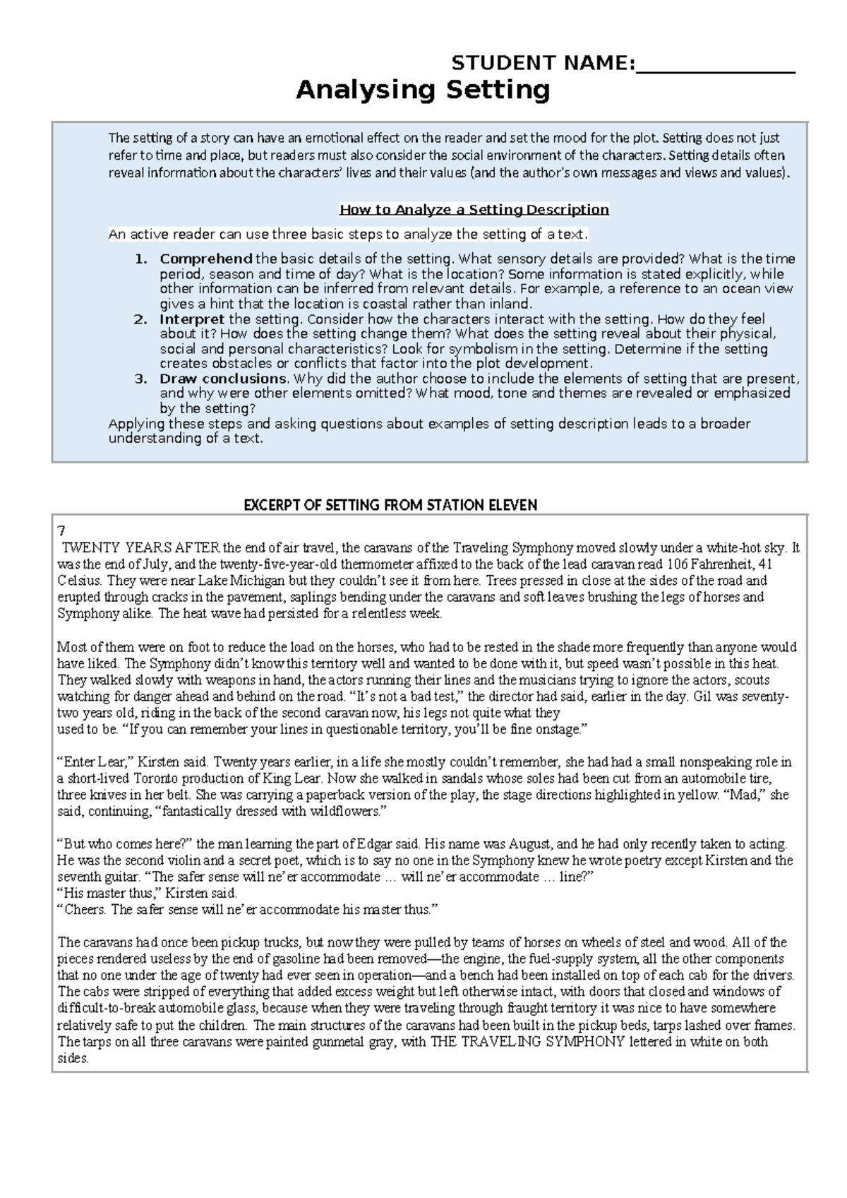 Analysing setting - Station Eleven - STUDENT NAME ...
