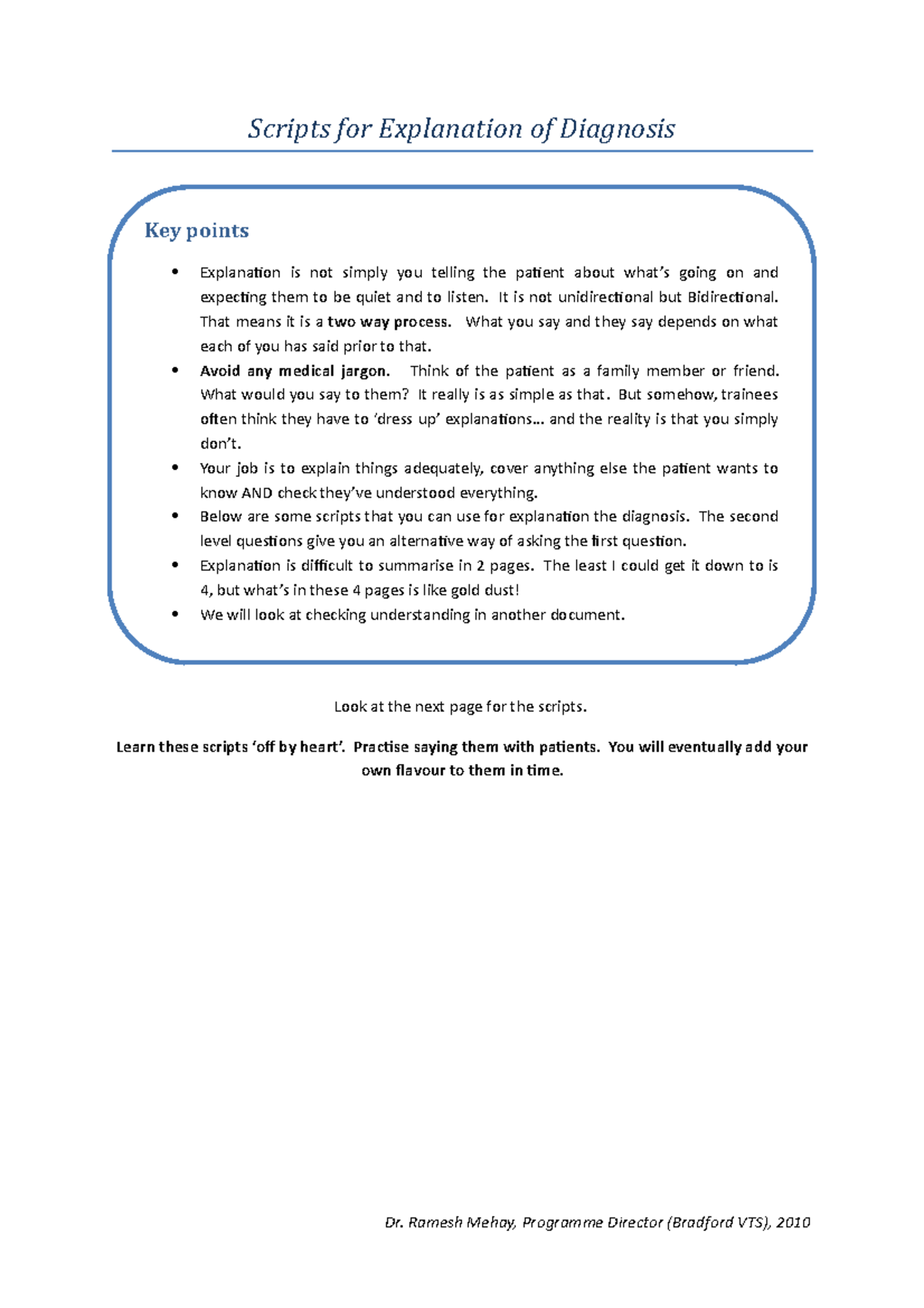 Scripts for explanation of diagnosis - Scripts for Explanation of ...