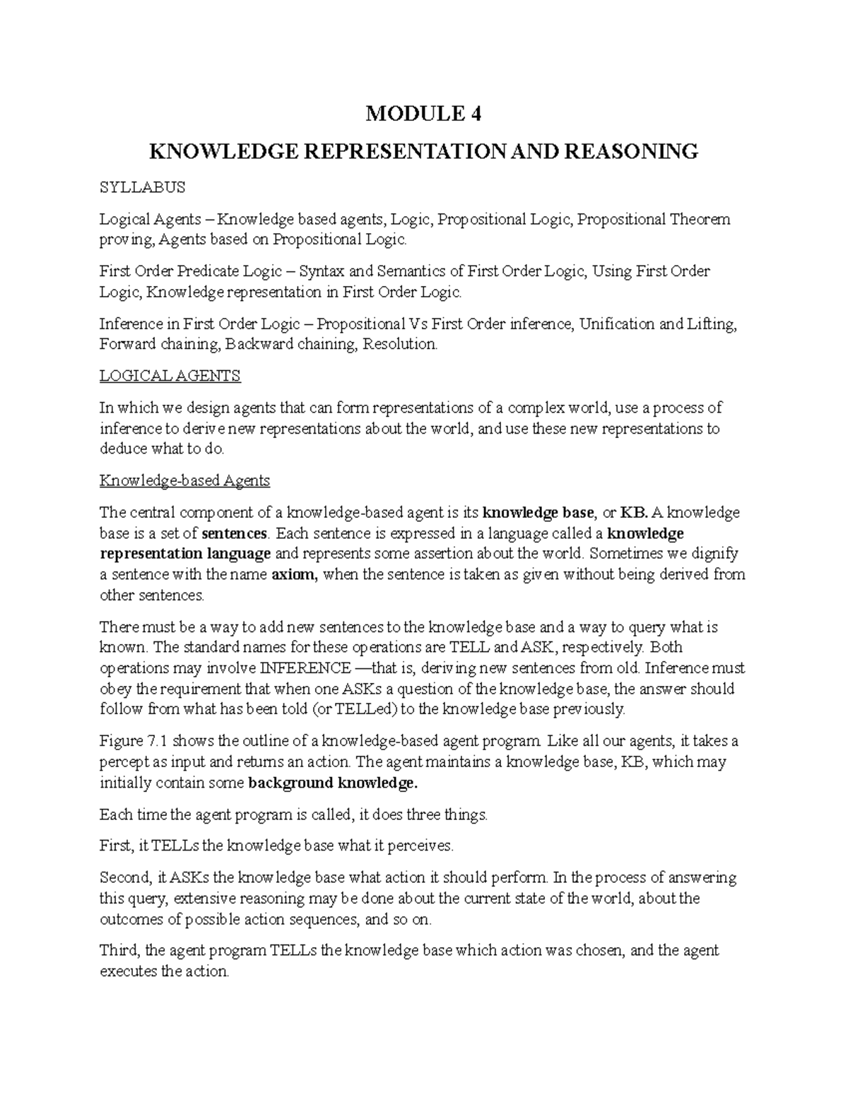 AI MOD 4 new - Notes - MODULE 4 KNOWLEDGE REPRESENTATION AND REASONING ...