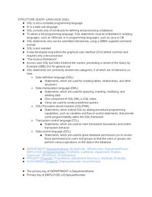 Chapter 3 - SQL ch 3 notes - STRUCTURE QUERY LANGUAGE (SQL) ★ SQL is ...