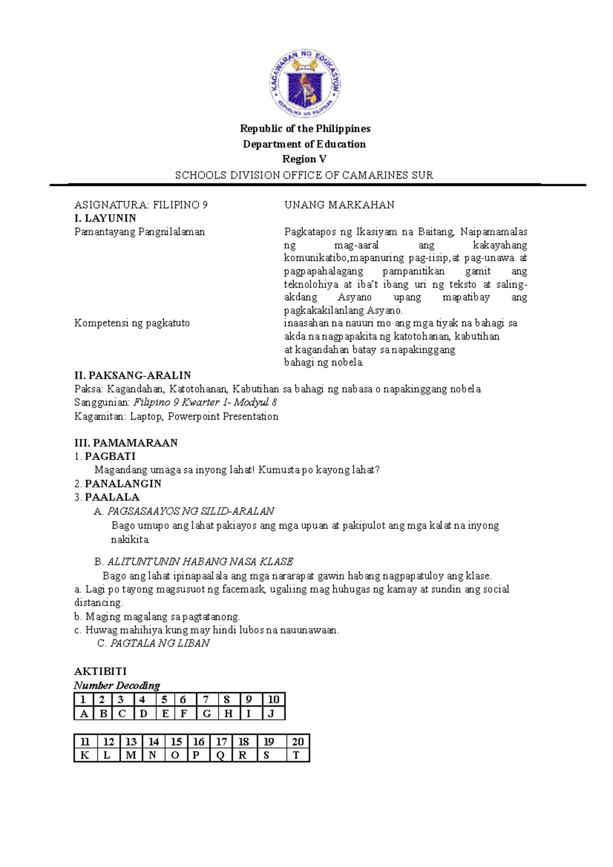 DLP- 1st Q COT - Classroom observation - Republic of the Philippines ...