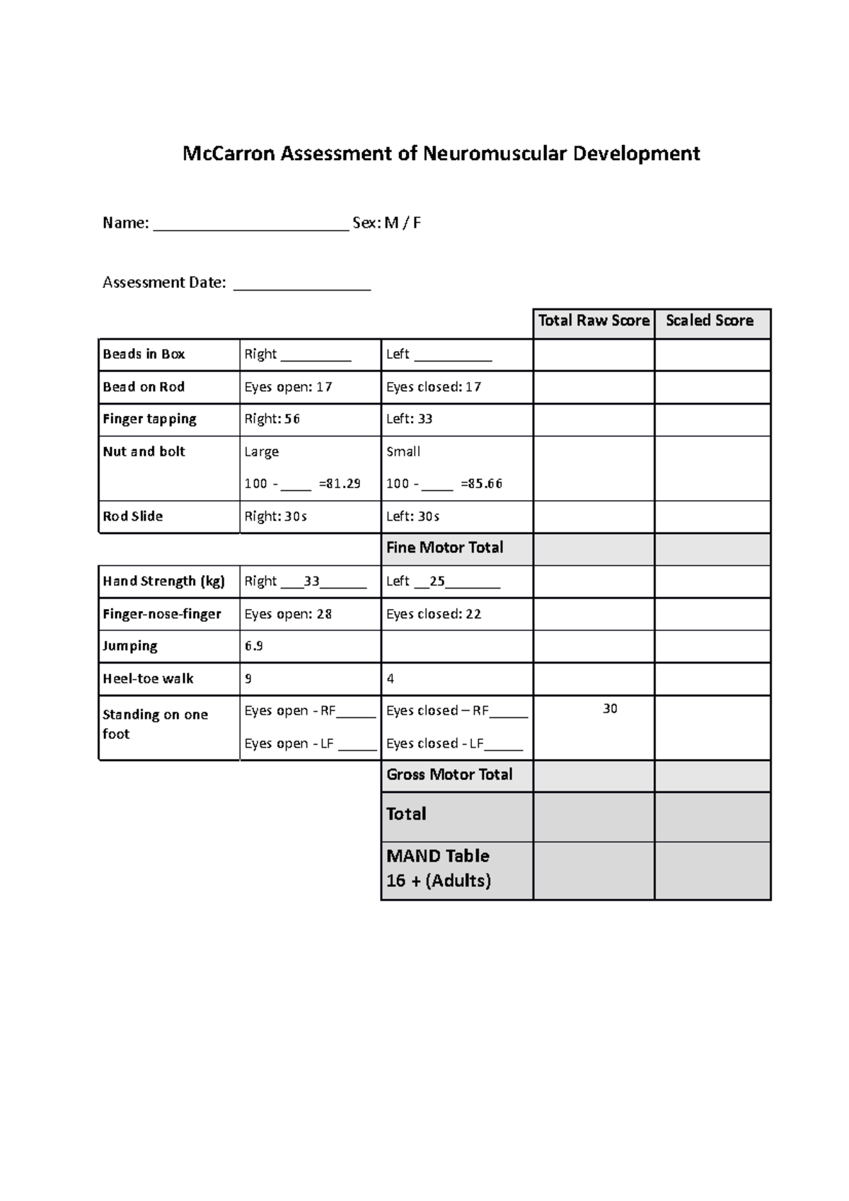 Screening Assessment Mc Carron Assessment of Neuromuscular Development ...