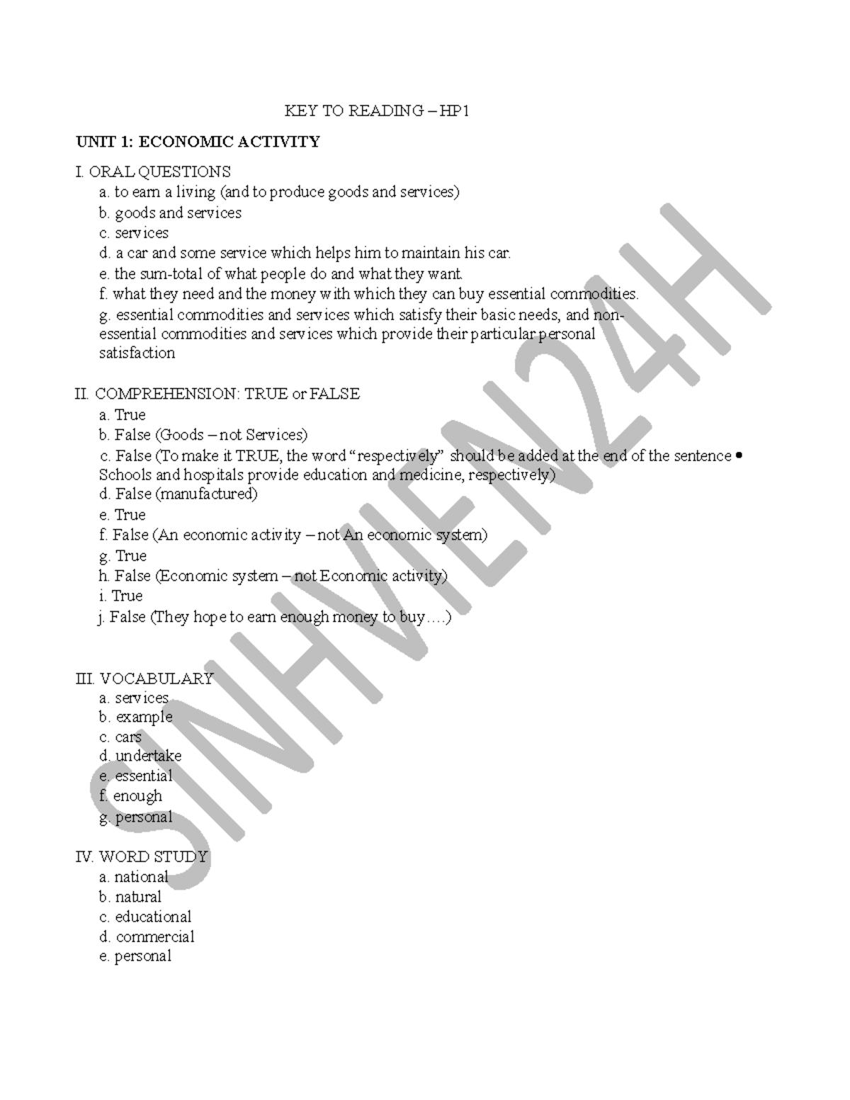 KEY TO Reading - KEY TO READING – HP UNIT 1: ECONOMIC ACTIVITY I. ORAL ...