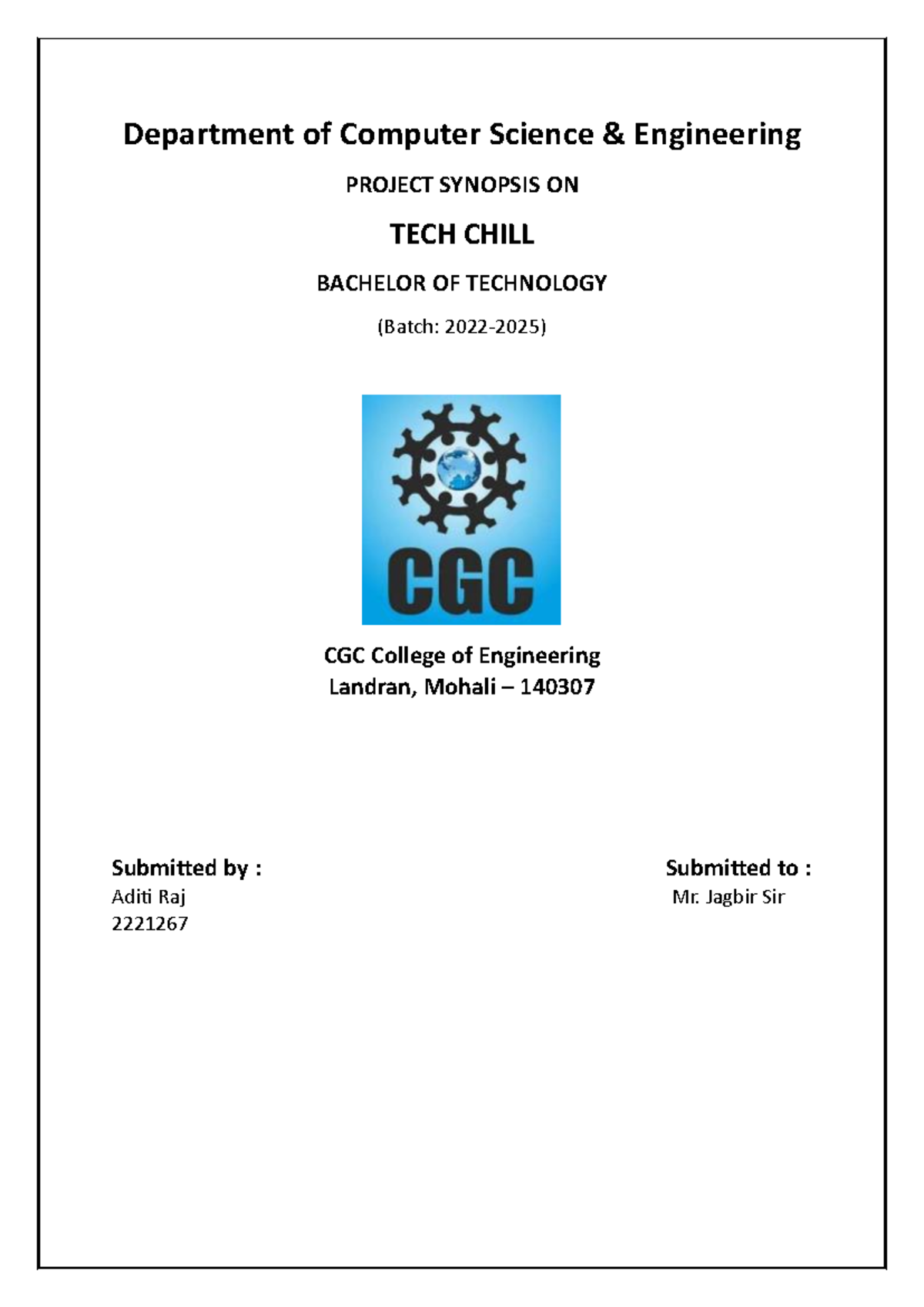 Project 2221267 - Department of Computer Science & Engineering PROJECT SYNOPSIS ON TECH CHILL ...