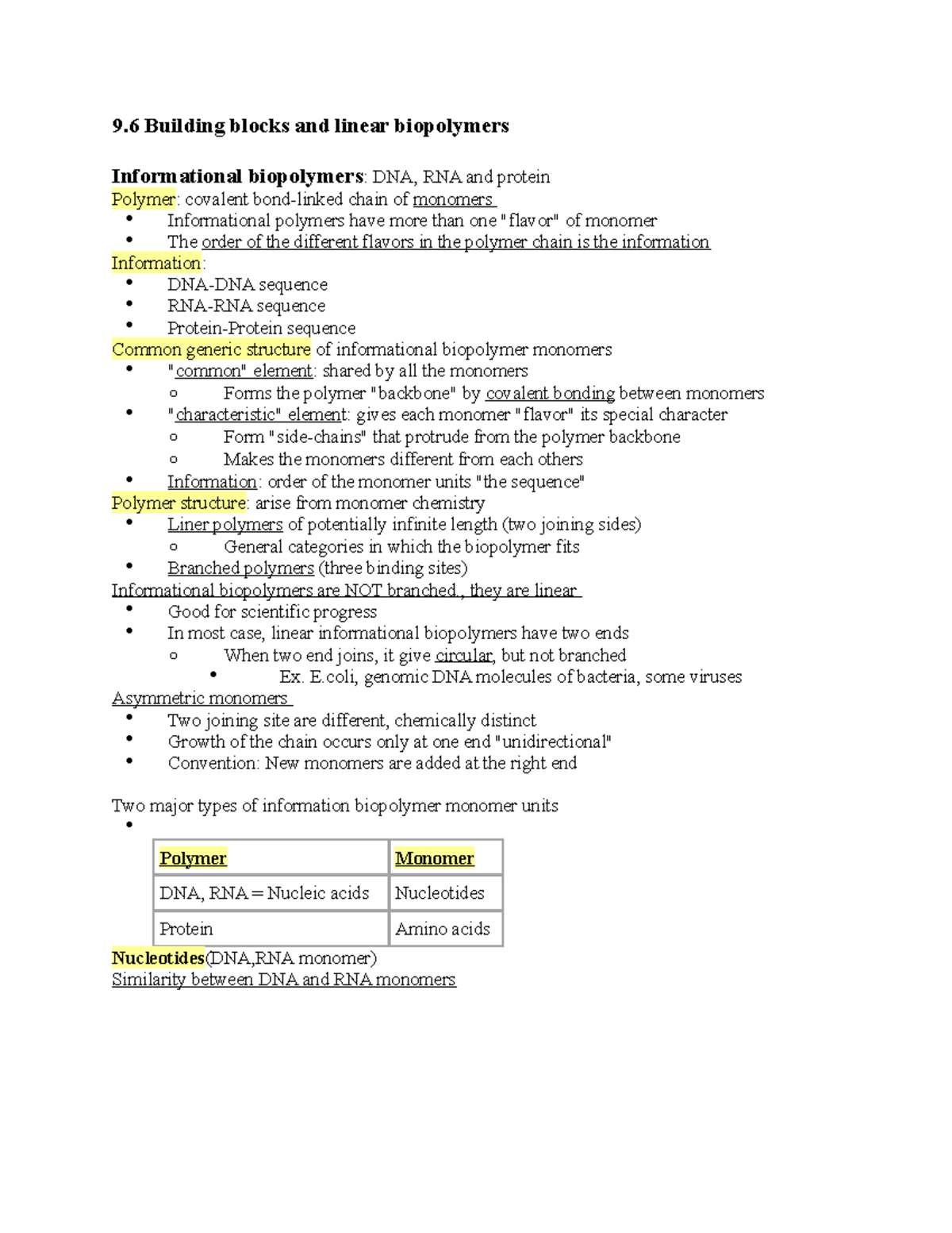 9.9 notes - 9 Building blocks and linear biopolymers Informational ...
