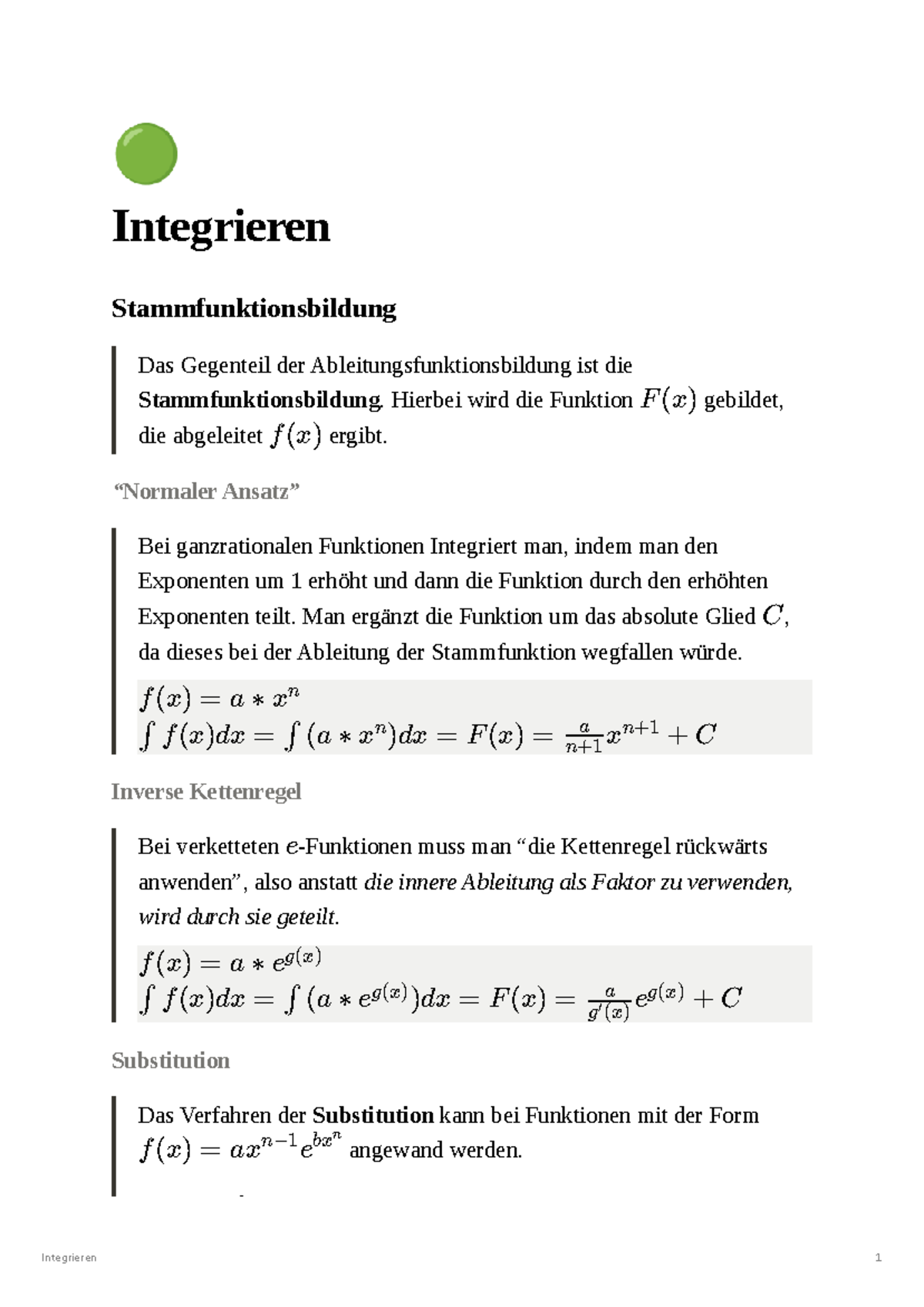 Integration - Gesamtzusammenfassung - 🟢 Integrieren Stammfunktionsbildung Das Gegenteil der ...