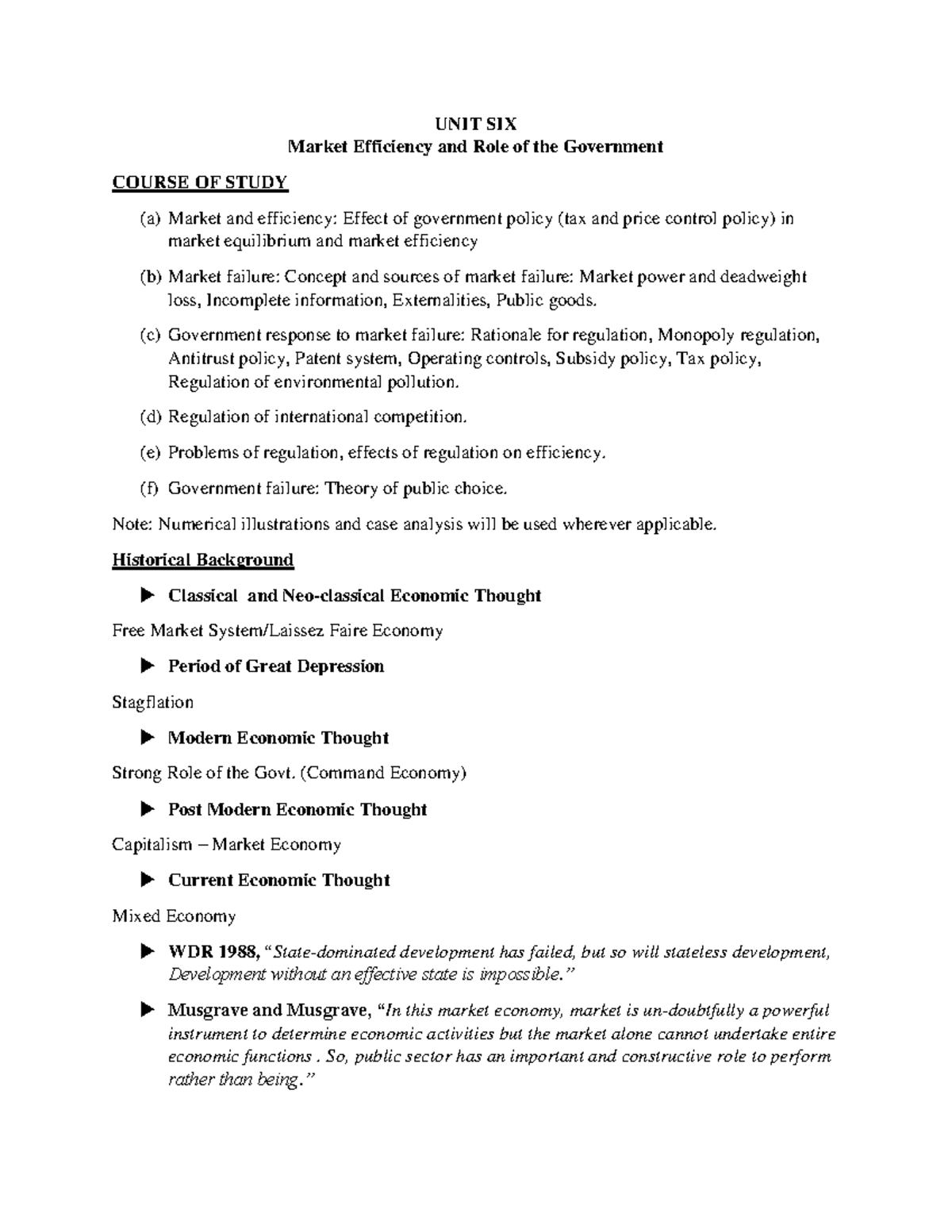 Unit 6 - Business Environment - UNIT SIX Market Efficiency and Role of ...