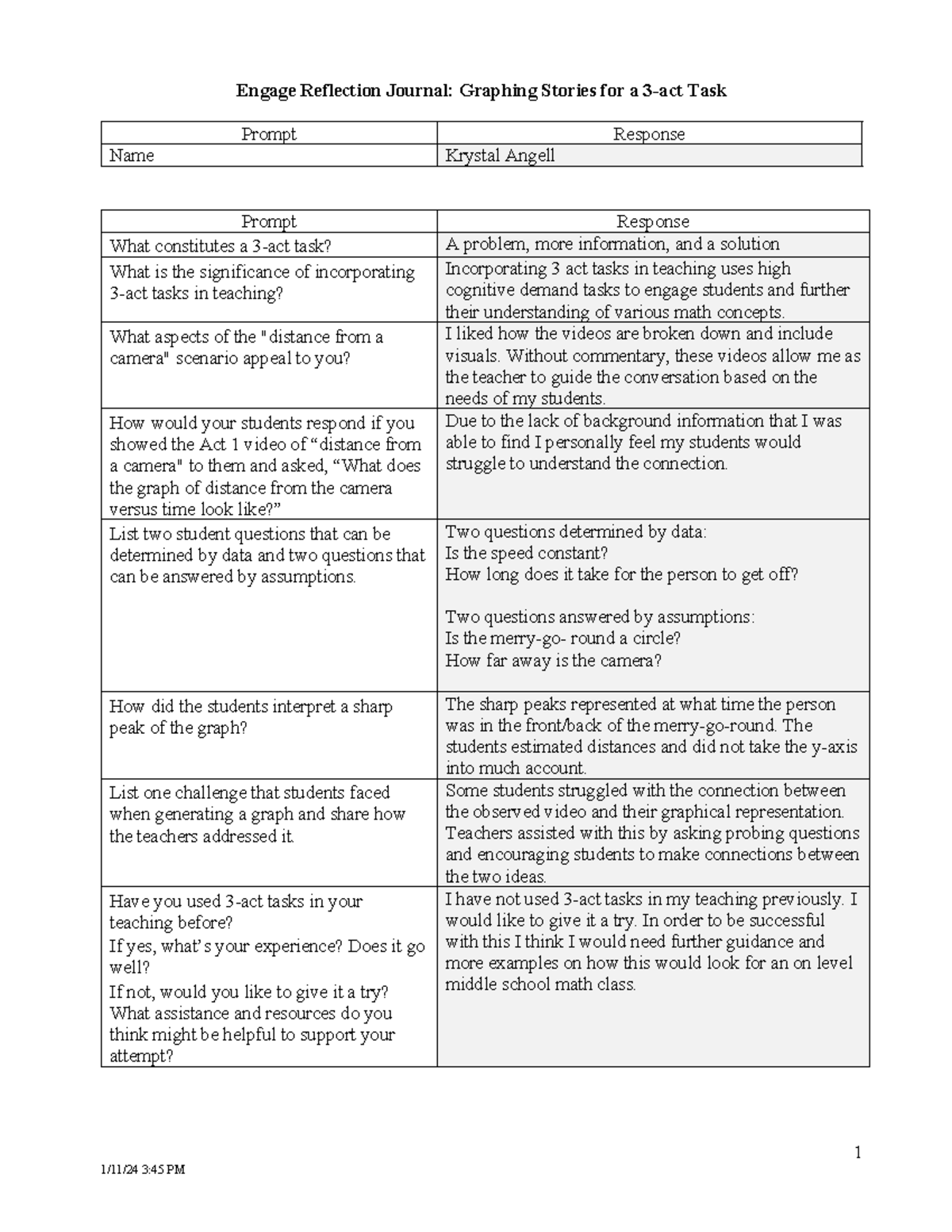 Engage Reflection Journal graphing stories for a 3-act task Angell - Engage Reflection Journal ...