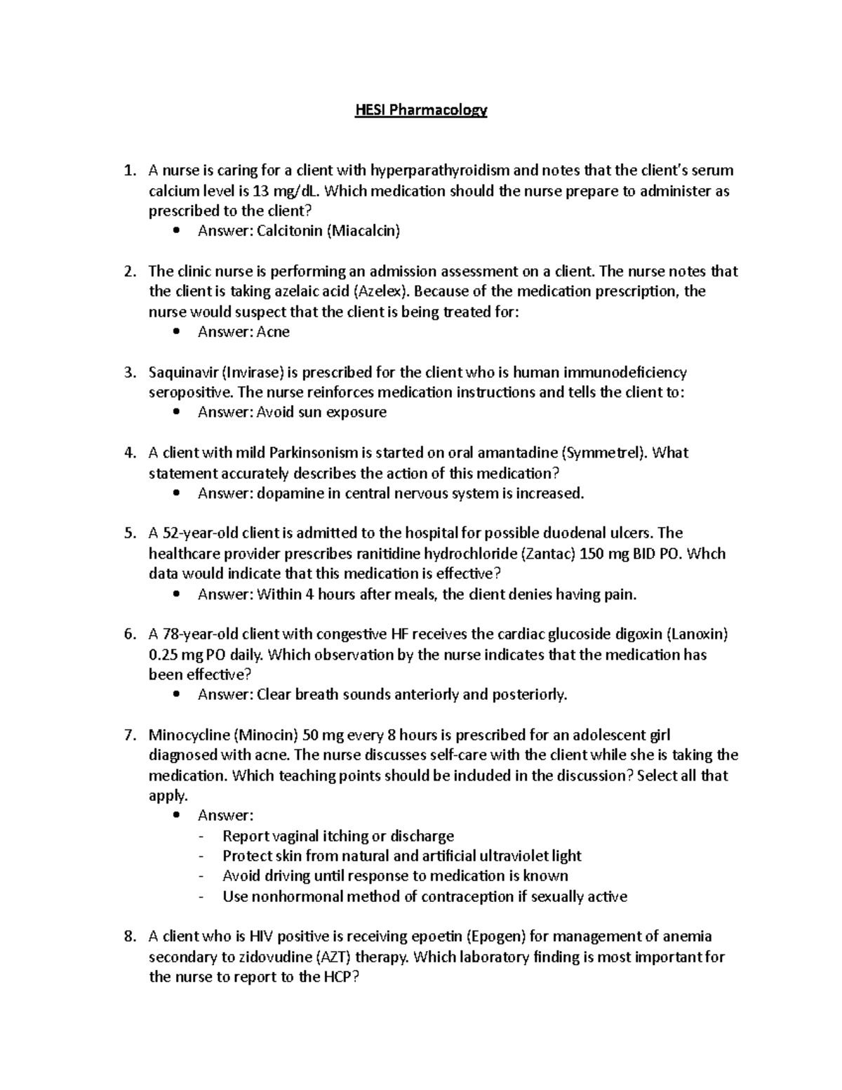 HESI Pharmacology 1 - lecture notes - HESI Pharmacology A nurse is ...