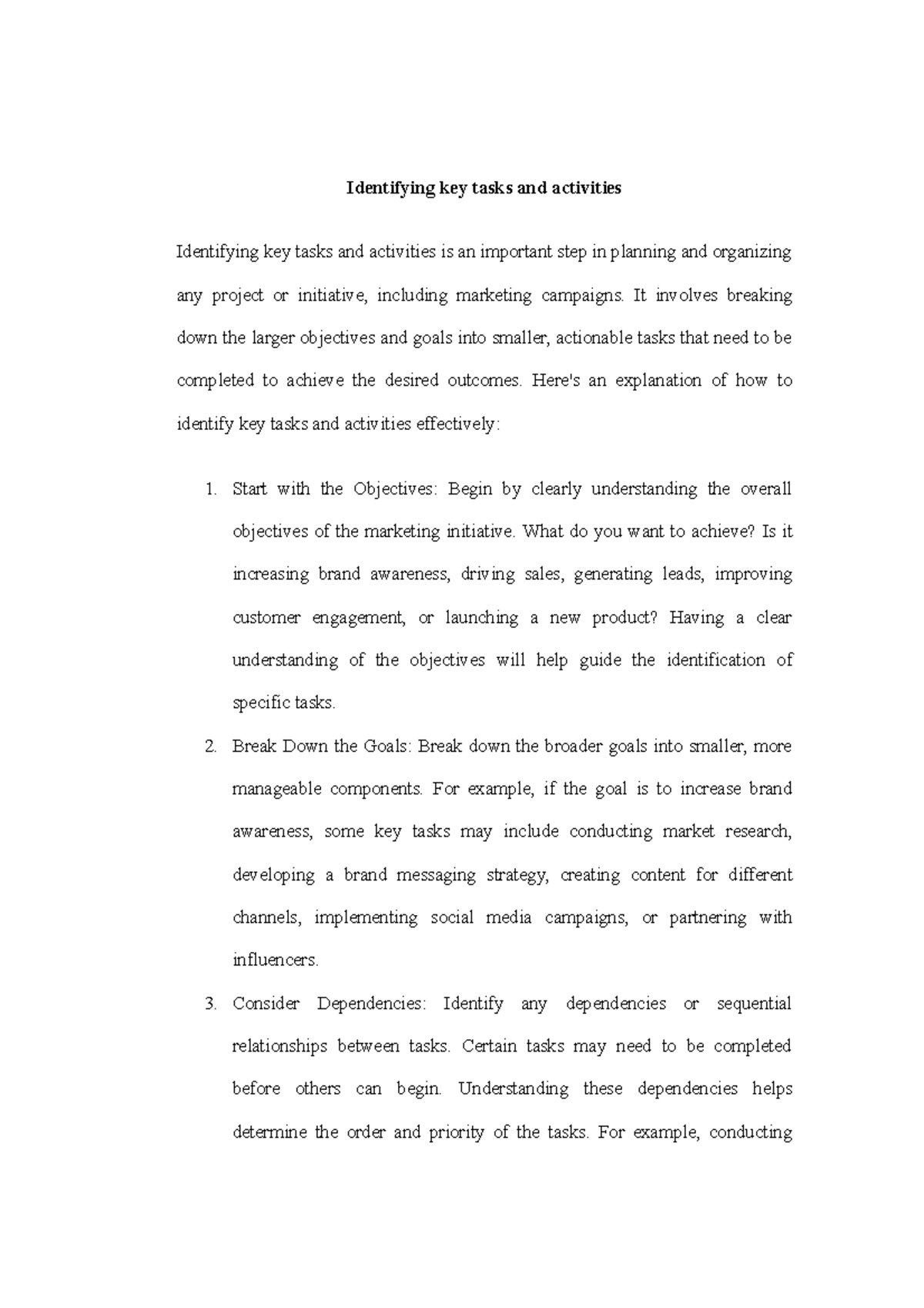 Identifying key tasks and activities - Identifying key tasks and ...