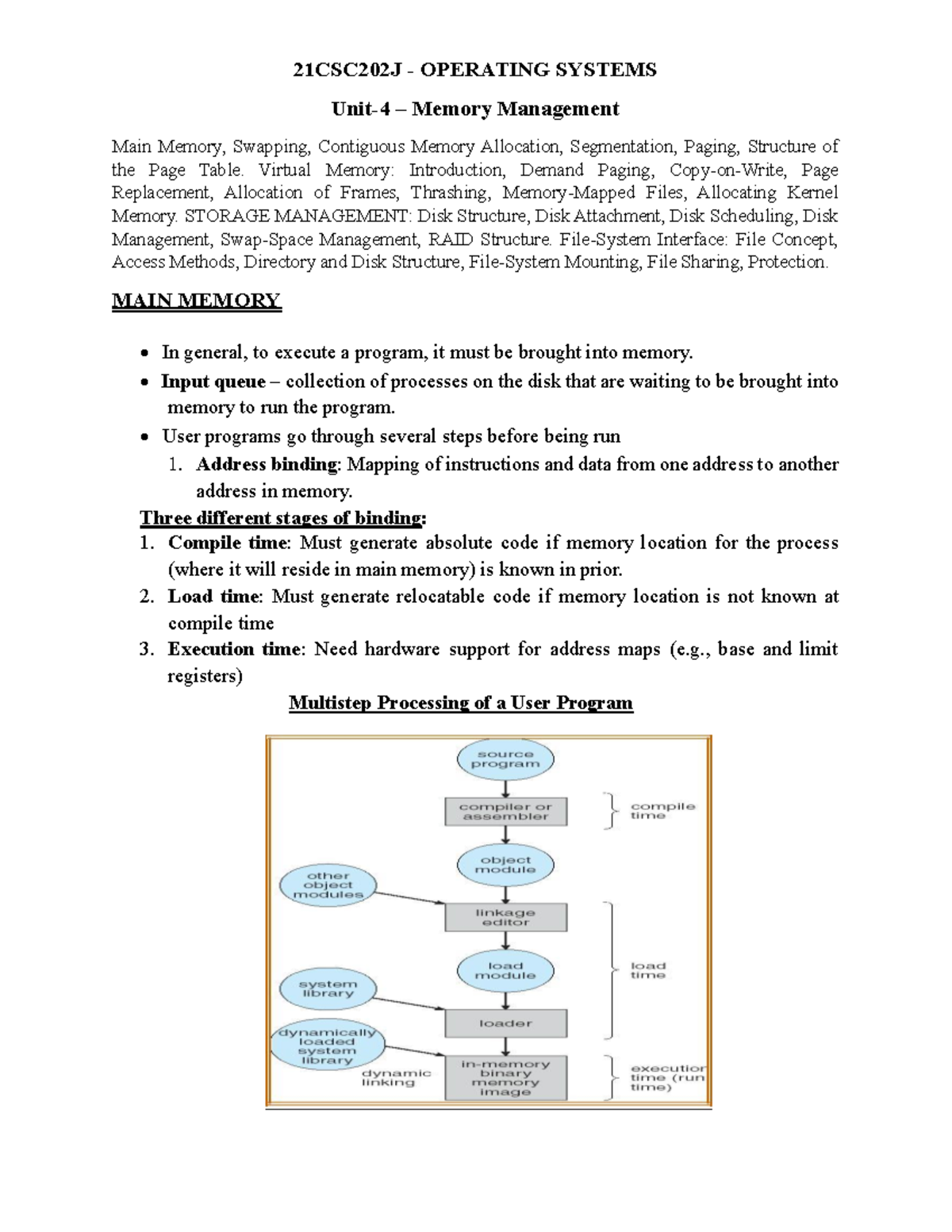 Unit 4 Notes 21csc202j Operating Systems Unit 4 Memory Management Main Memory Swapping