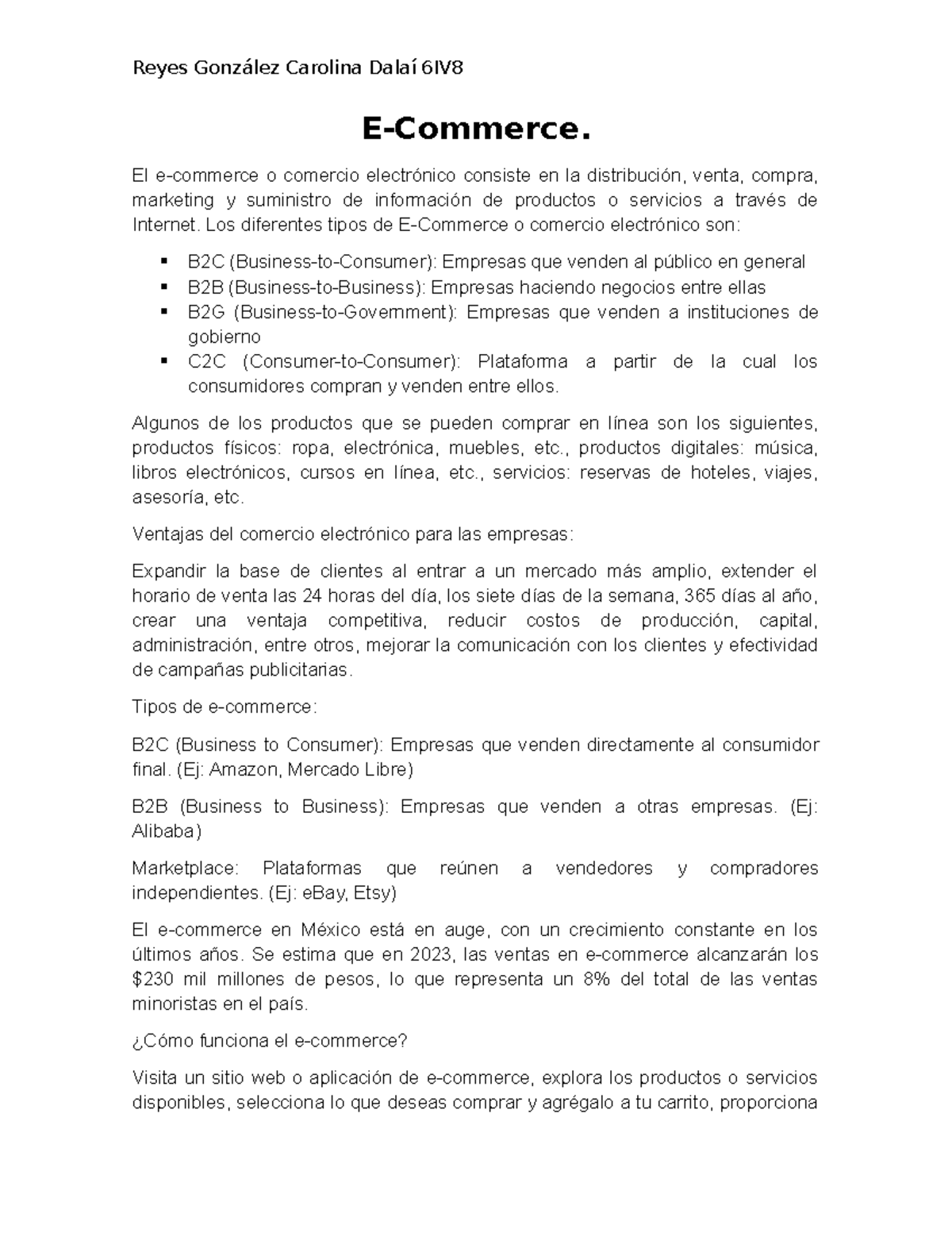 E-Commerce - Resumen. - Reyes González Carolina Dalaí 6IV E-Commerce. El e-commerce o comercio ...