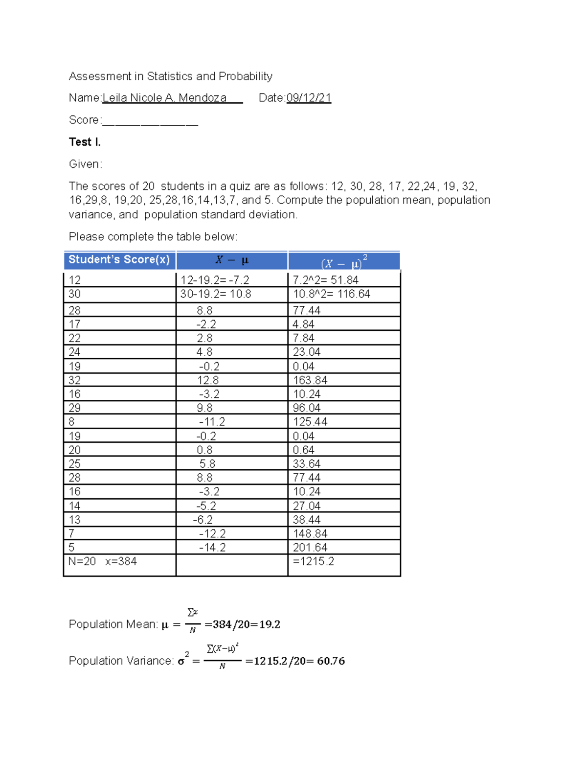 Leila Nicole Mendoza - Assessment in Statistics and Probability - Assessment in Statistics and ...