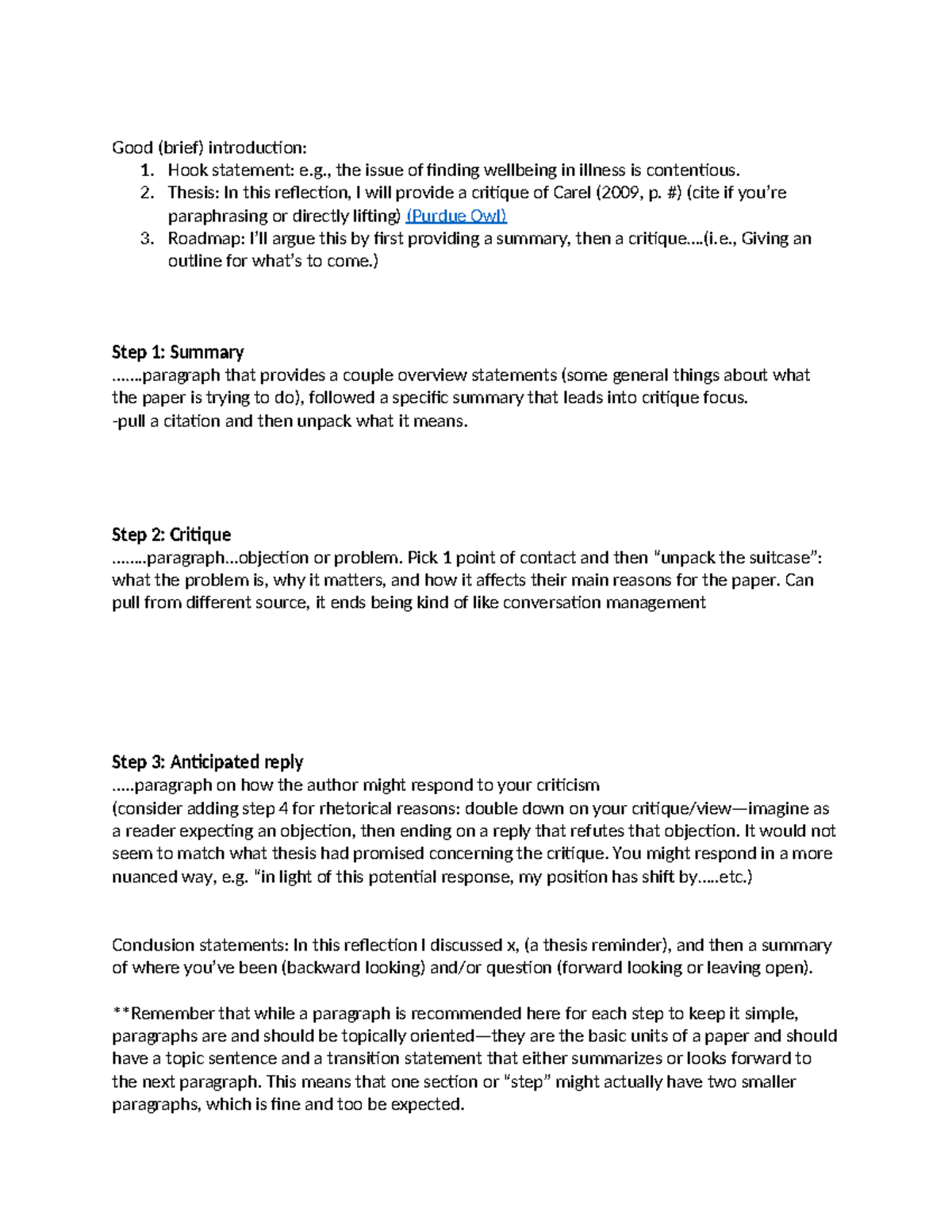 Structure recommendations Outline worksheet - Good (brief) introduction ...