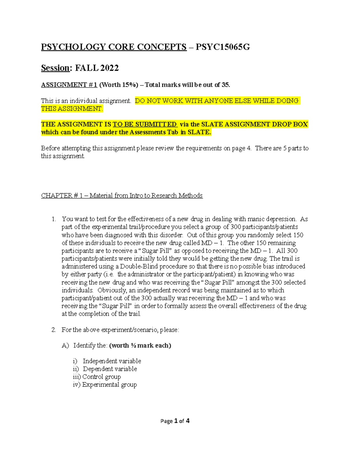 Assignment 1 - Psychology CORE Concepts - FALL 2022 Session (1 ...