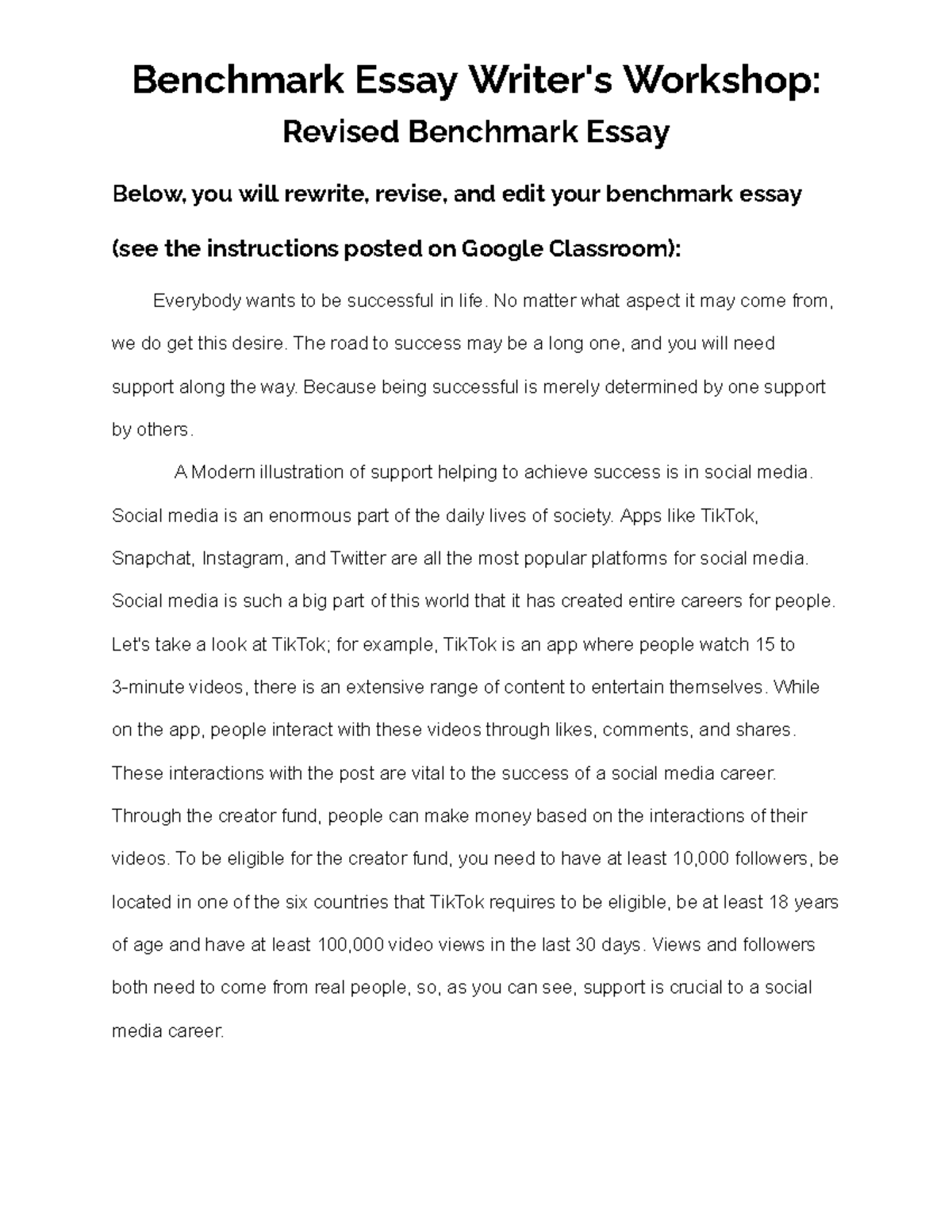 - Revised Benchmark Essay - Benchmark Essay Writer's Workshop ...