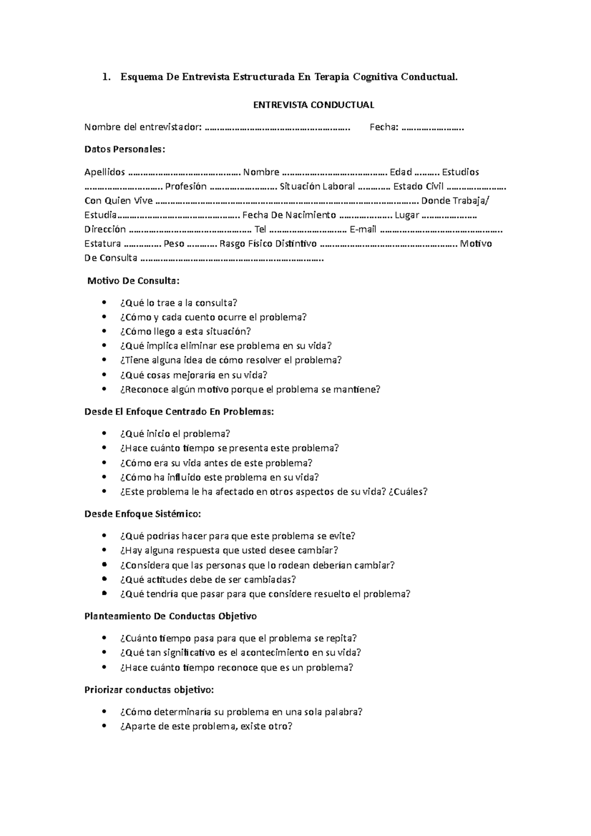 Esquema De Entrevista Estructurada En Terapia Cognitiva Conductual - 1 ...