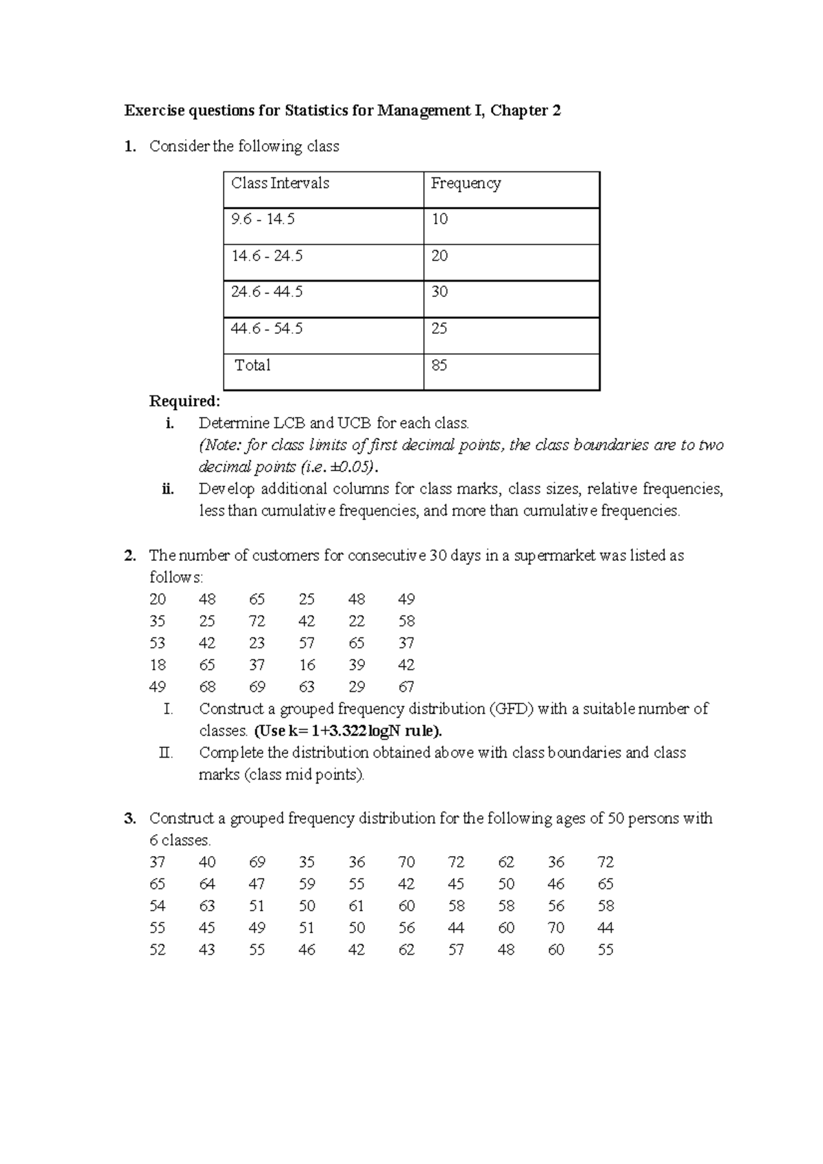 Exercise questions for Statistics for Management I - Determine LCB and ...