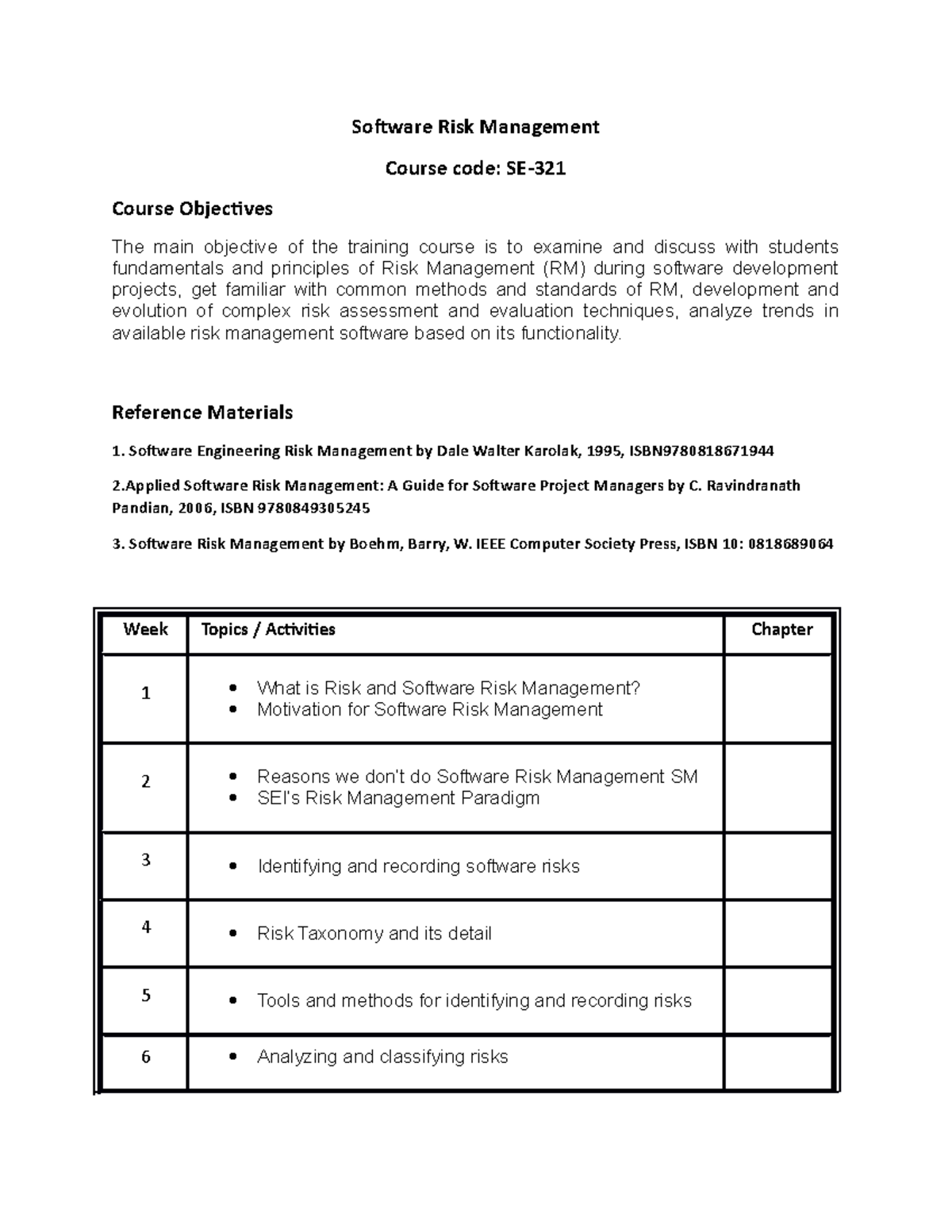 Software Risk Management - Software Risk Management Course code: SE ...