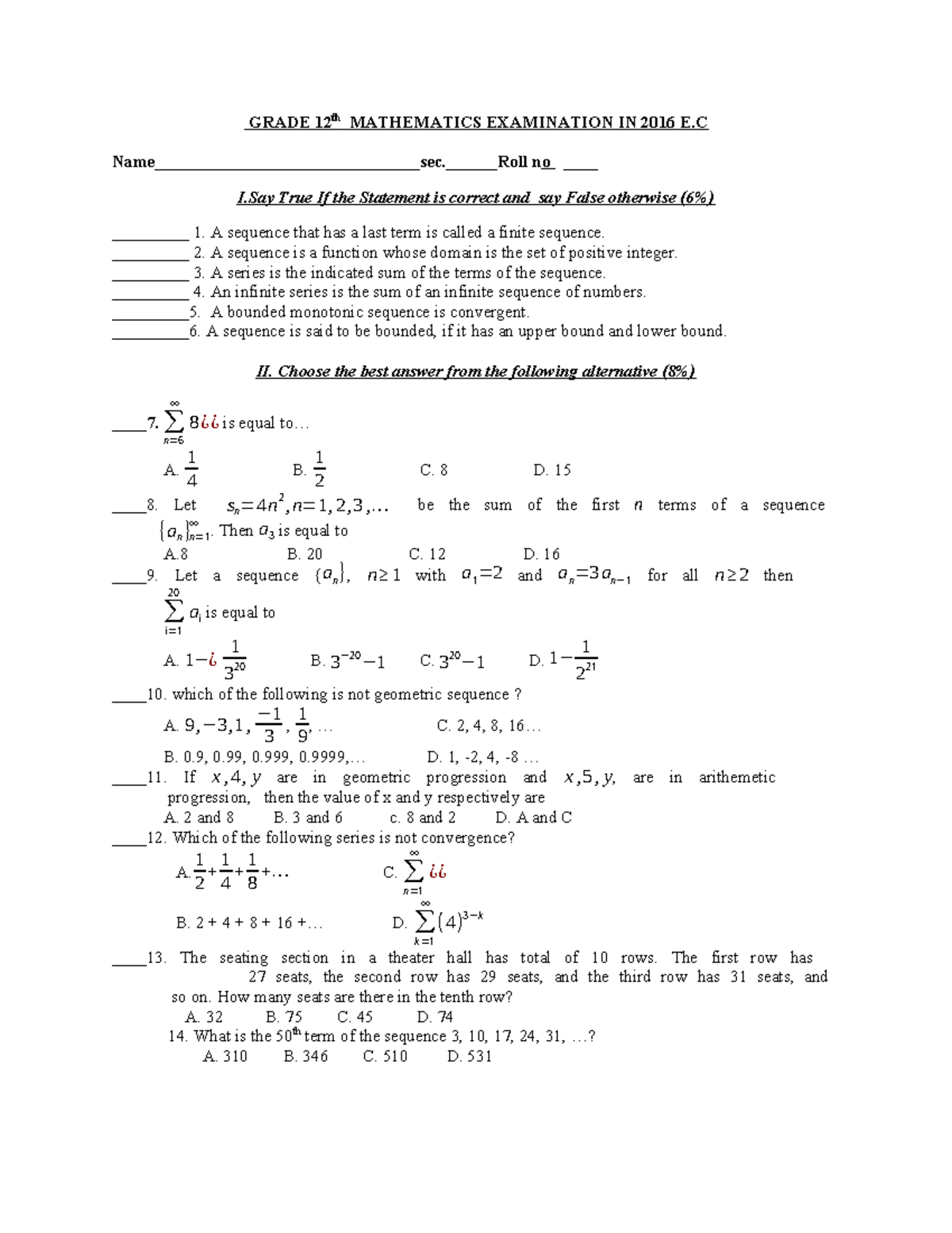 Grade 12th exammmm - GRADE 12th MATHEMATICS EXAMINATION IN 2016 E - Studocu