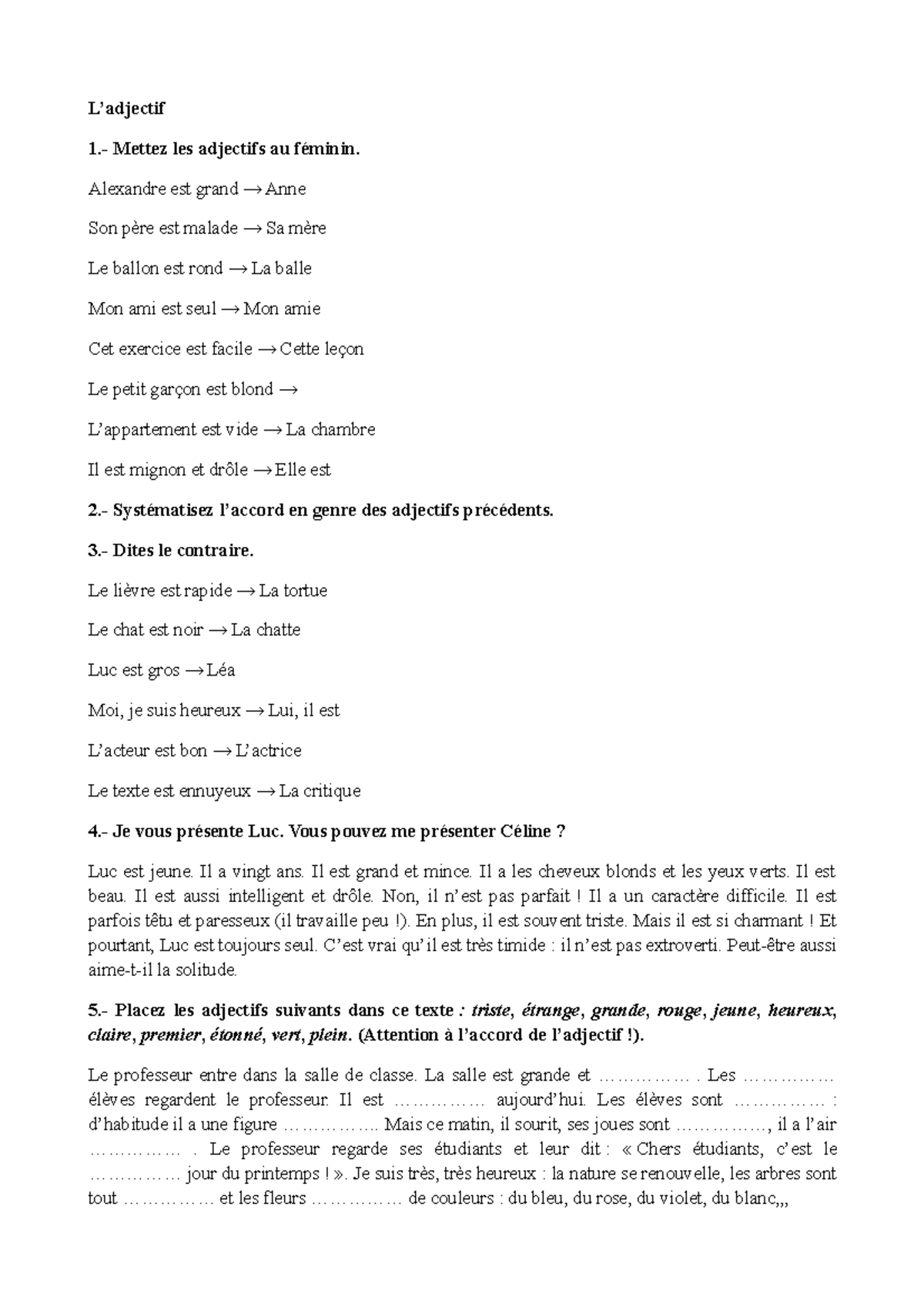 Exercice sur ladjectif - L’adjectif 1.- Mettez les adjectifs au féminin ...