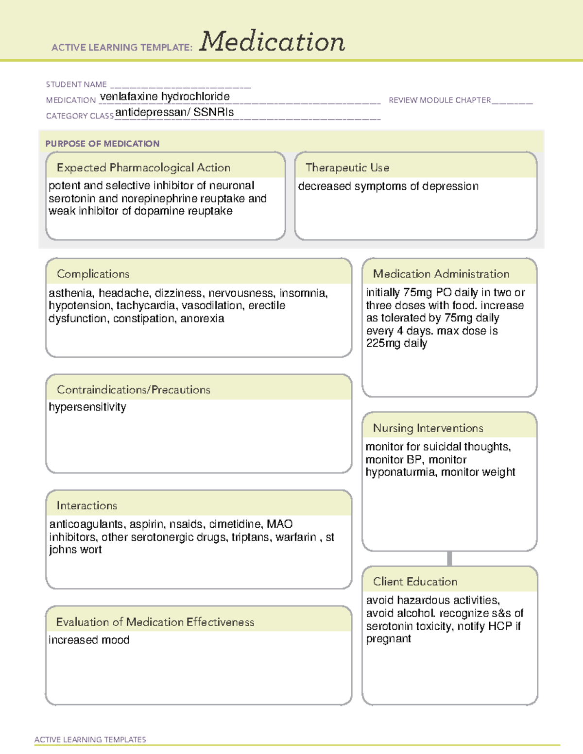 Medication ATI (1) vanlefaxudine - ACTIVE LEARNING TEMPLATES Medication ...
