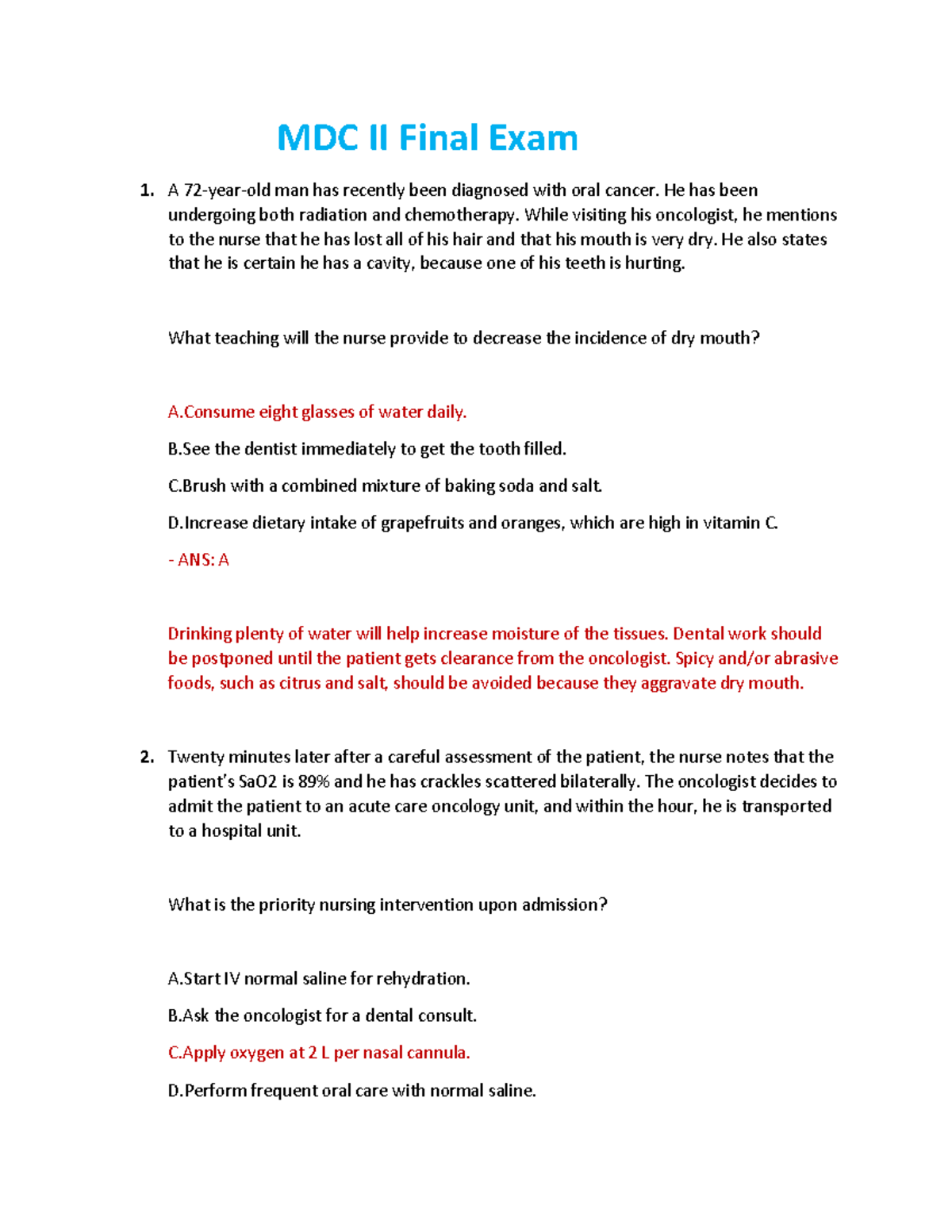 MDC2 EXAM 3 Studocu - exam 3 questions - MDC II Final Exam A 72-year ...